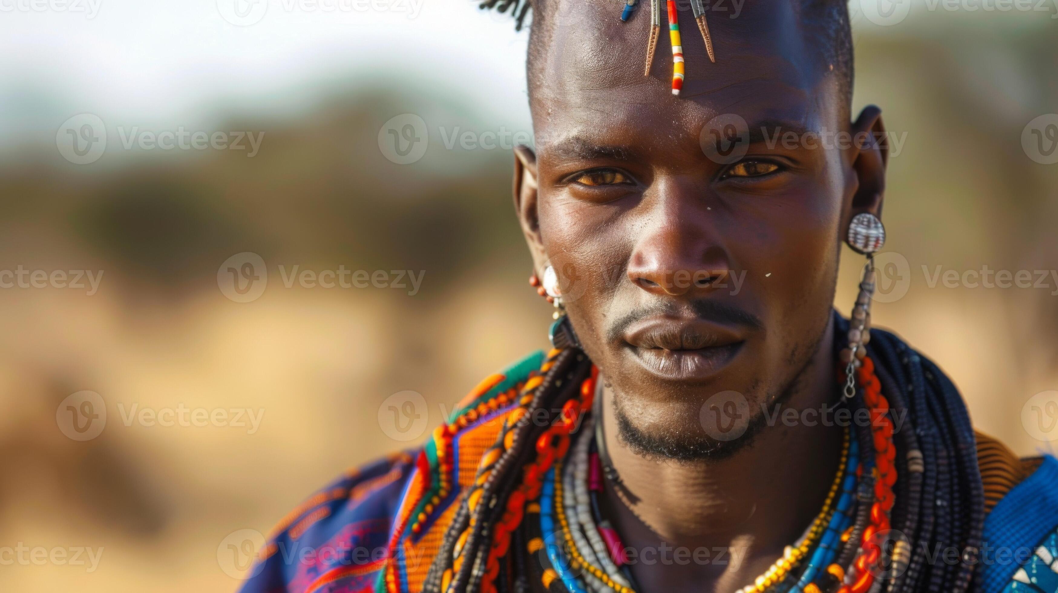 Portrait of an African Mandinka warrior in traditional attire with colorful beads and cultural ...
