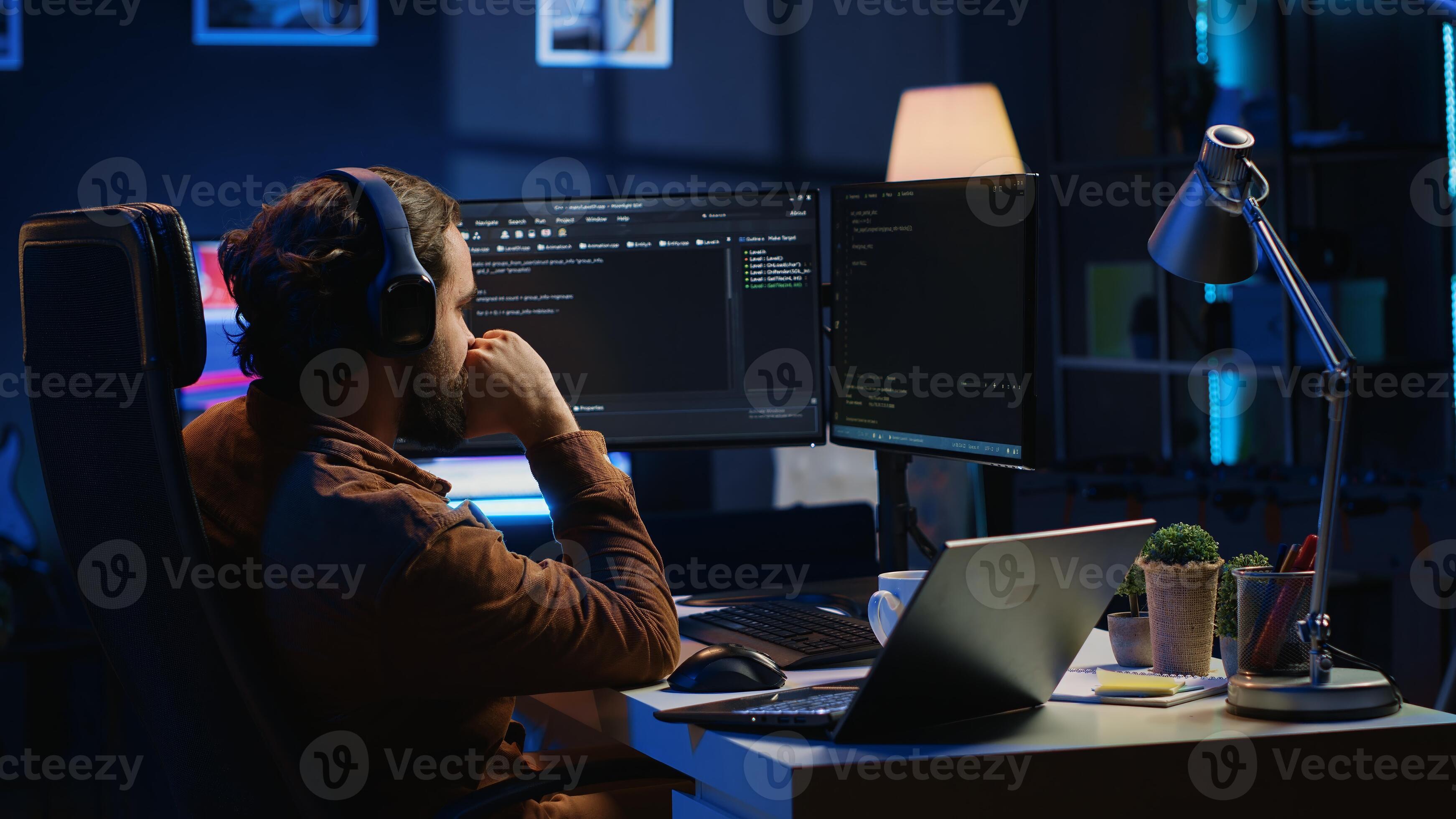 Frenzied programmer suffering from adhd illness, impatiently taping desk with fingers while ...