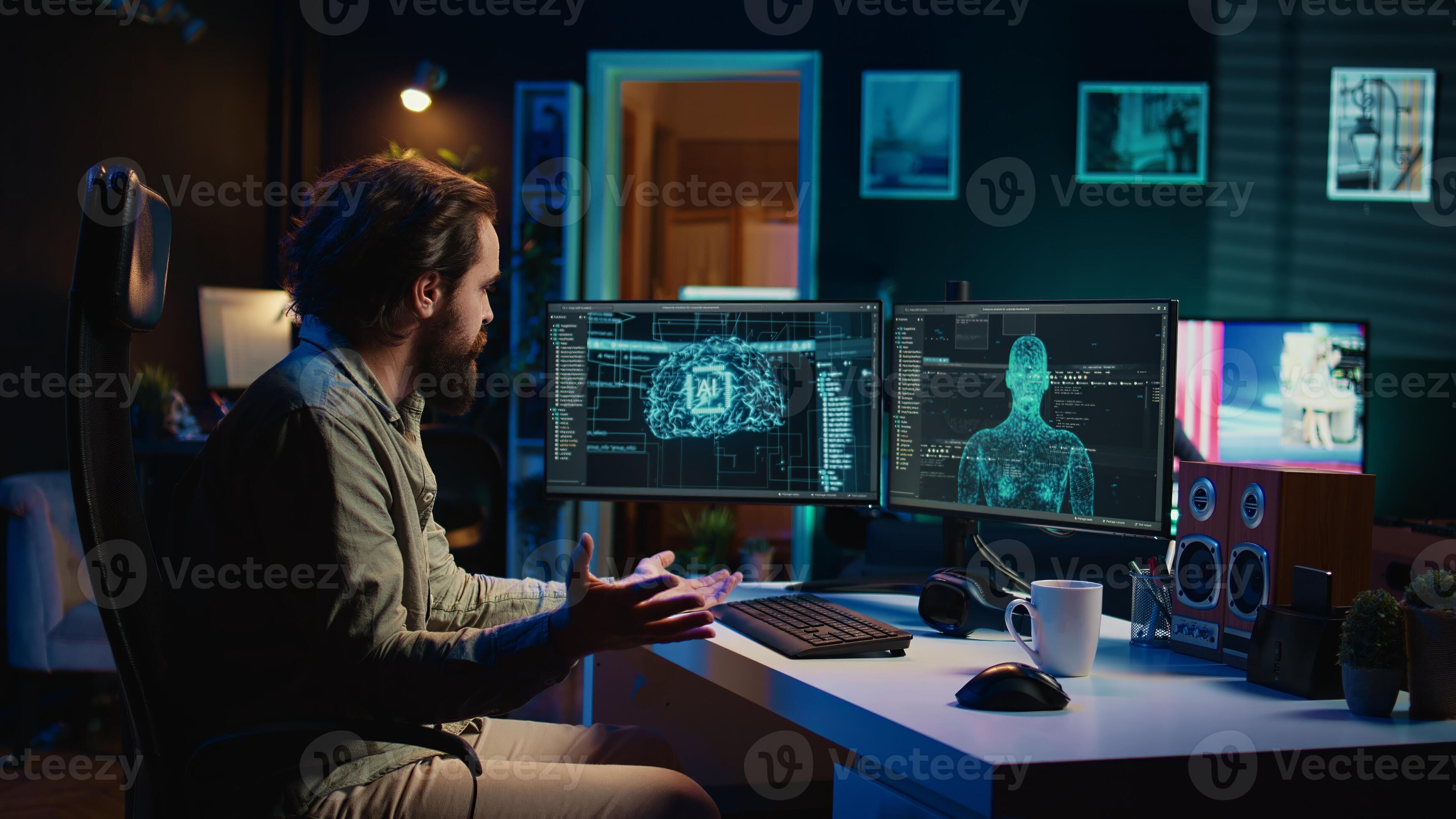 Man feeling speechless after seeing AI gaining anthropomorphic form and consciousness, waving ...