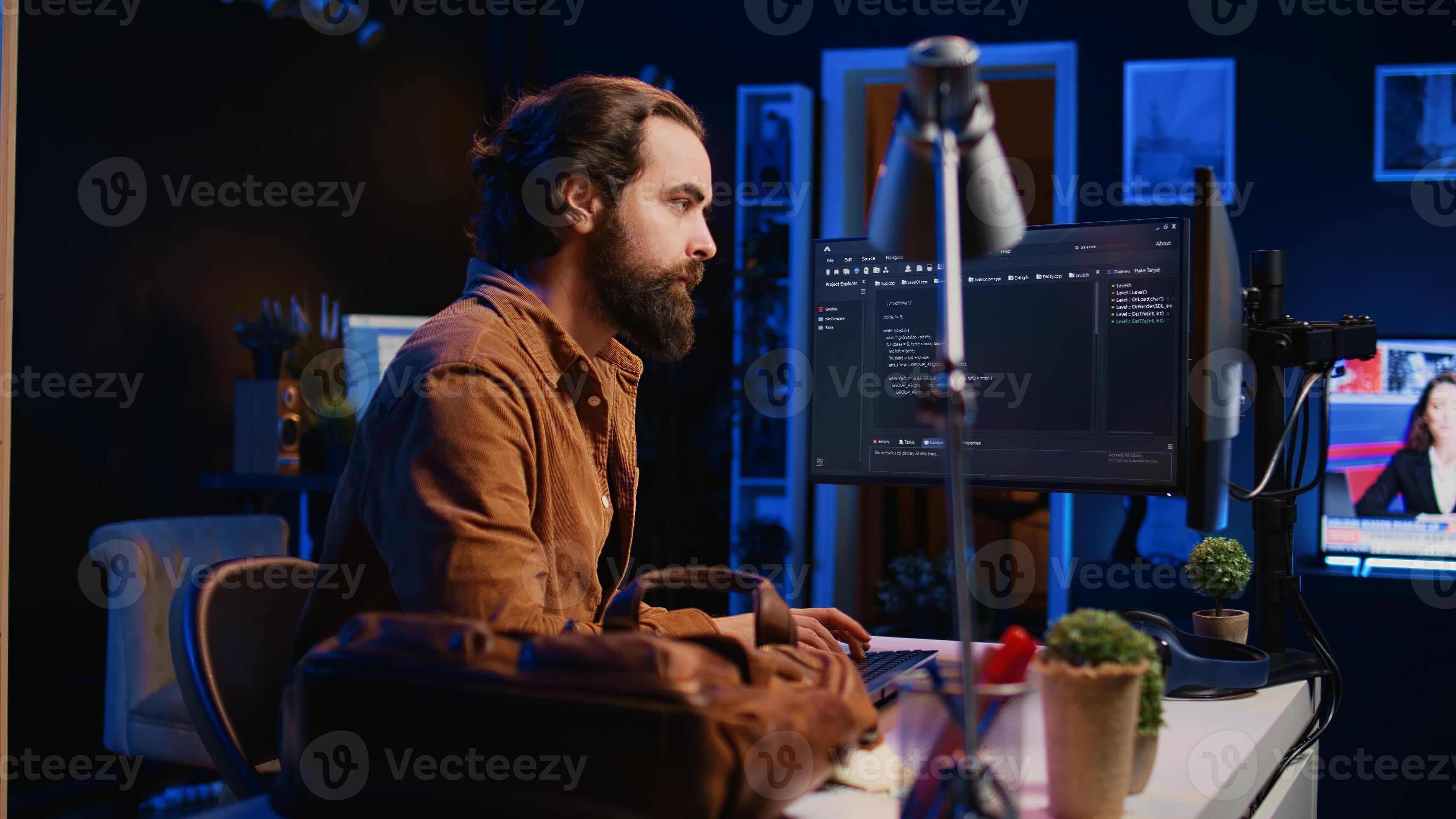 Freelancing system administrator arriving in personal office at home ...