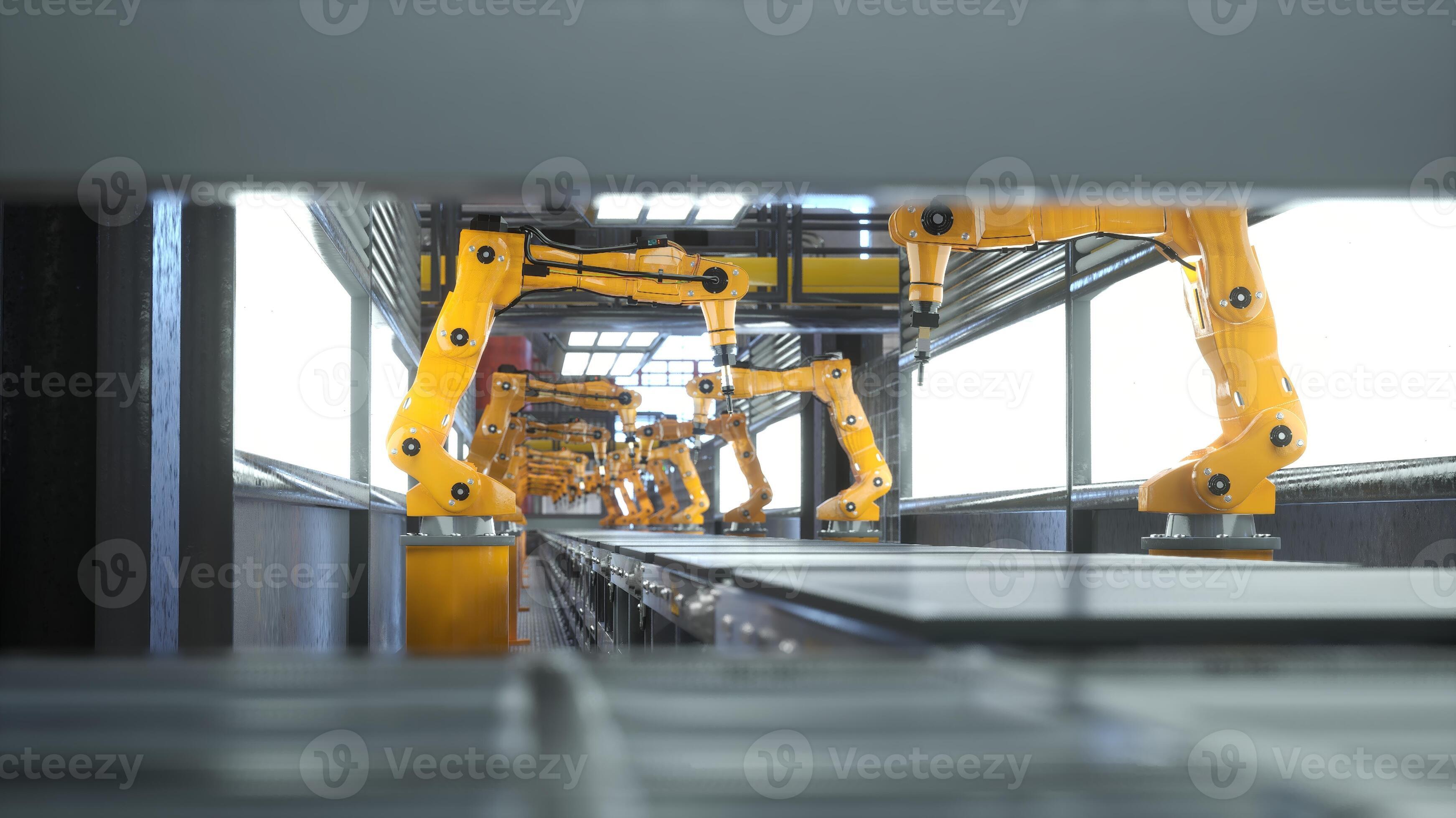 Automated repository with robotic arms used for placing manufactured merchandise on conveyor ...
