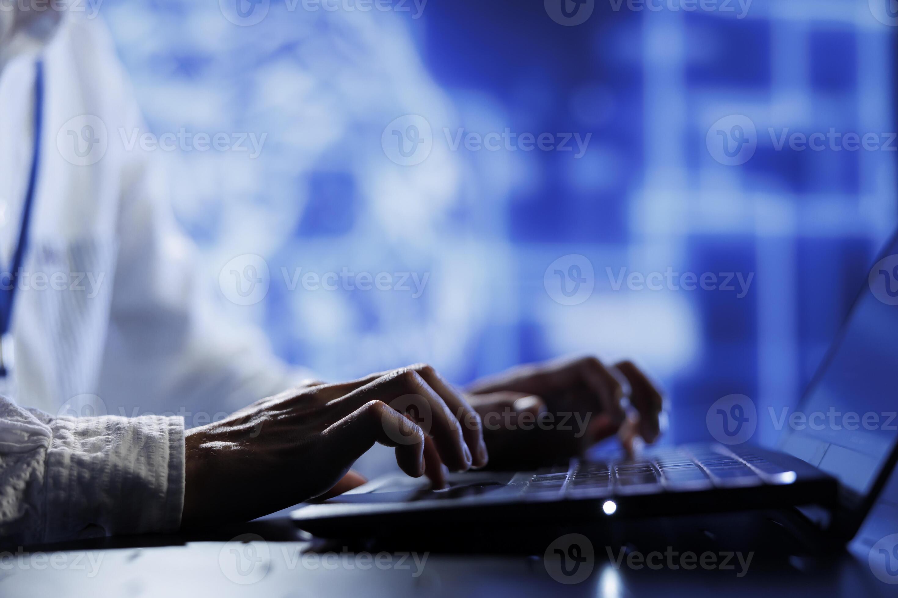 IT consultant in data center uses device for artificial intelligence computing simulating human ...