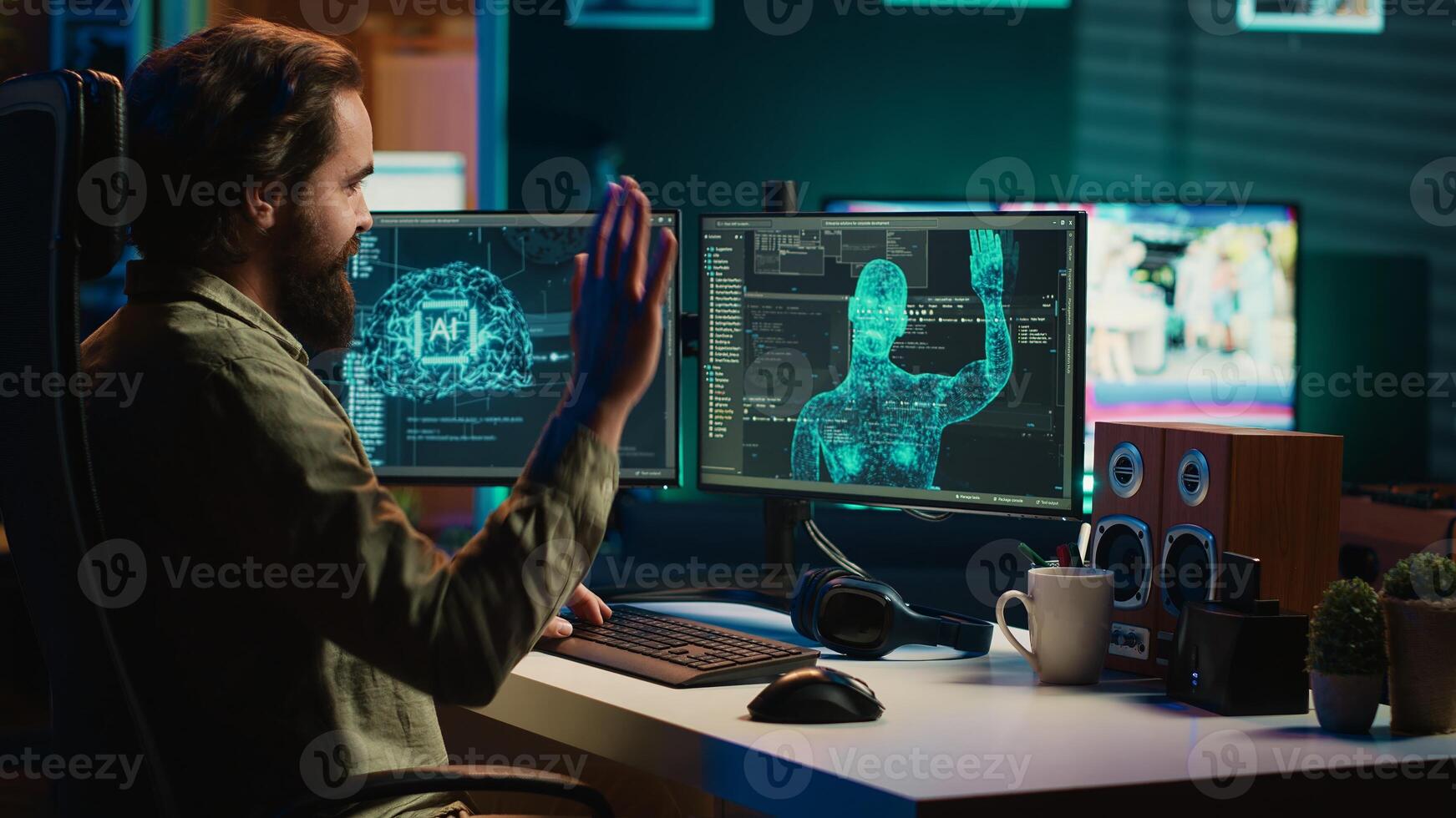 Scientist Inserting Disk Into Pc Containing Software Evolving Ai Into Sentient Being Greeting