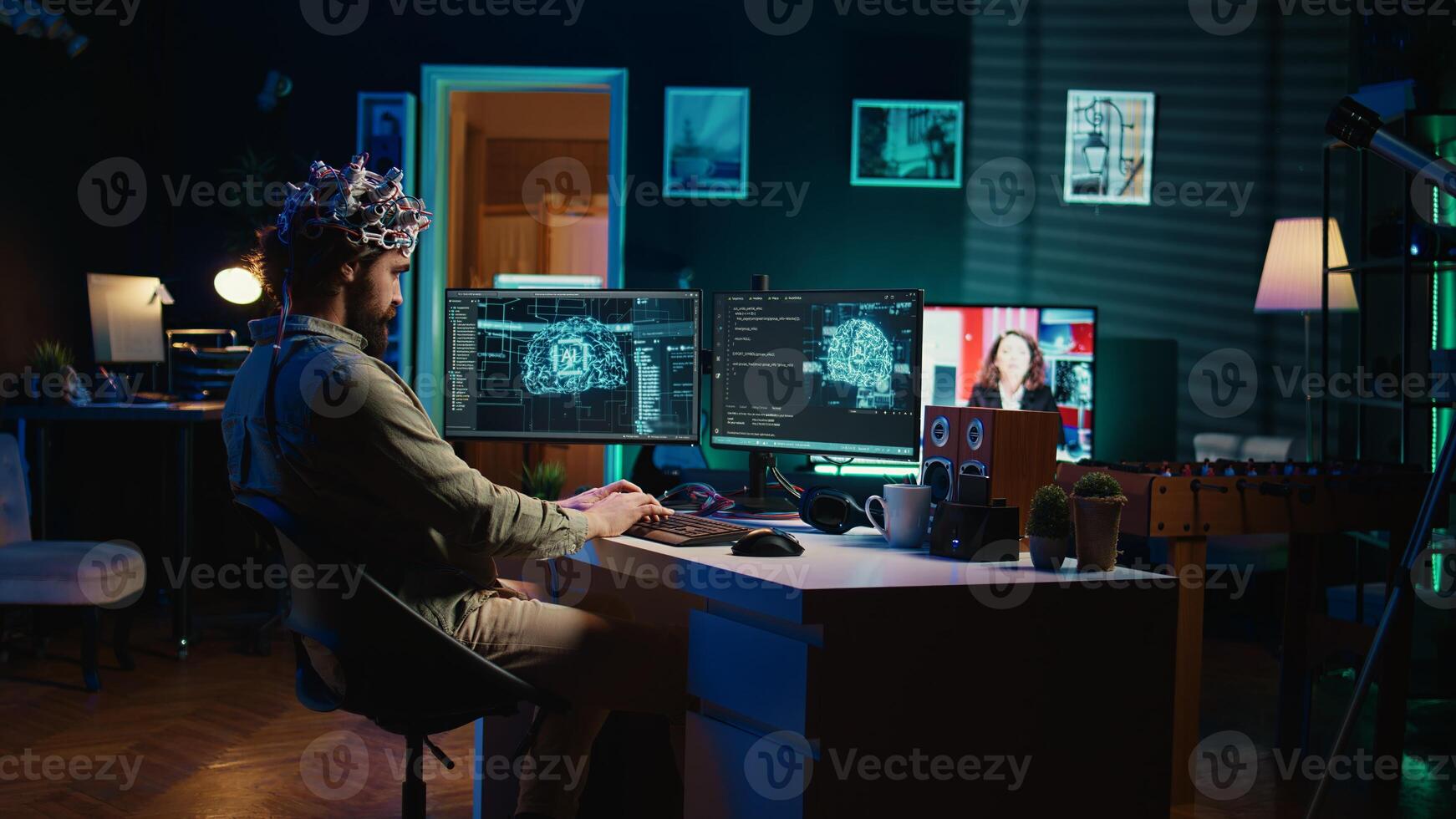 Engineer With Eeg Headset Inserting Cartridge Into Pc To Use High Tech