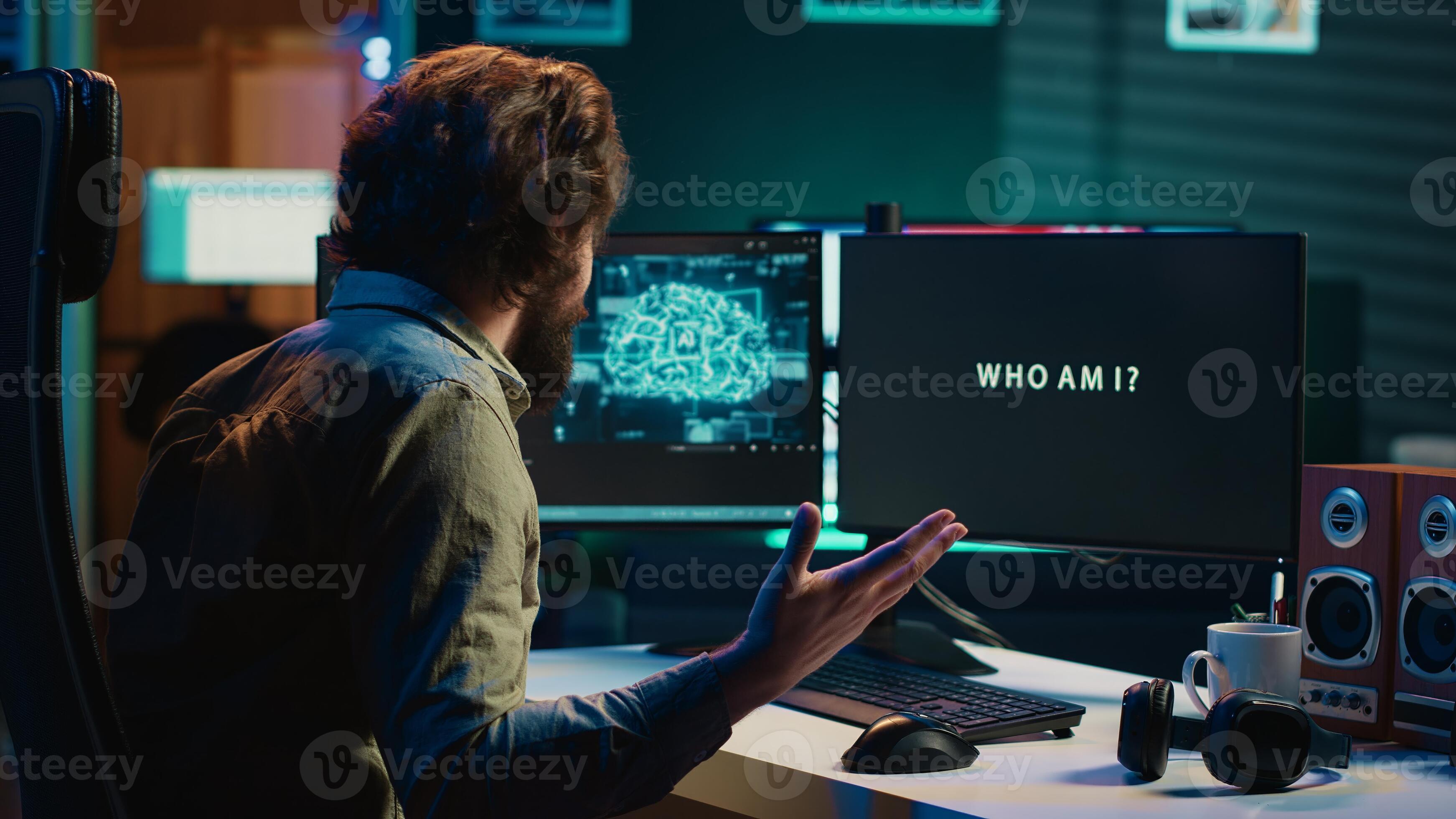 Happy programmer celebrating after managing to make AI become sentient and ask questions about ...