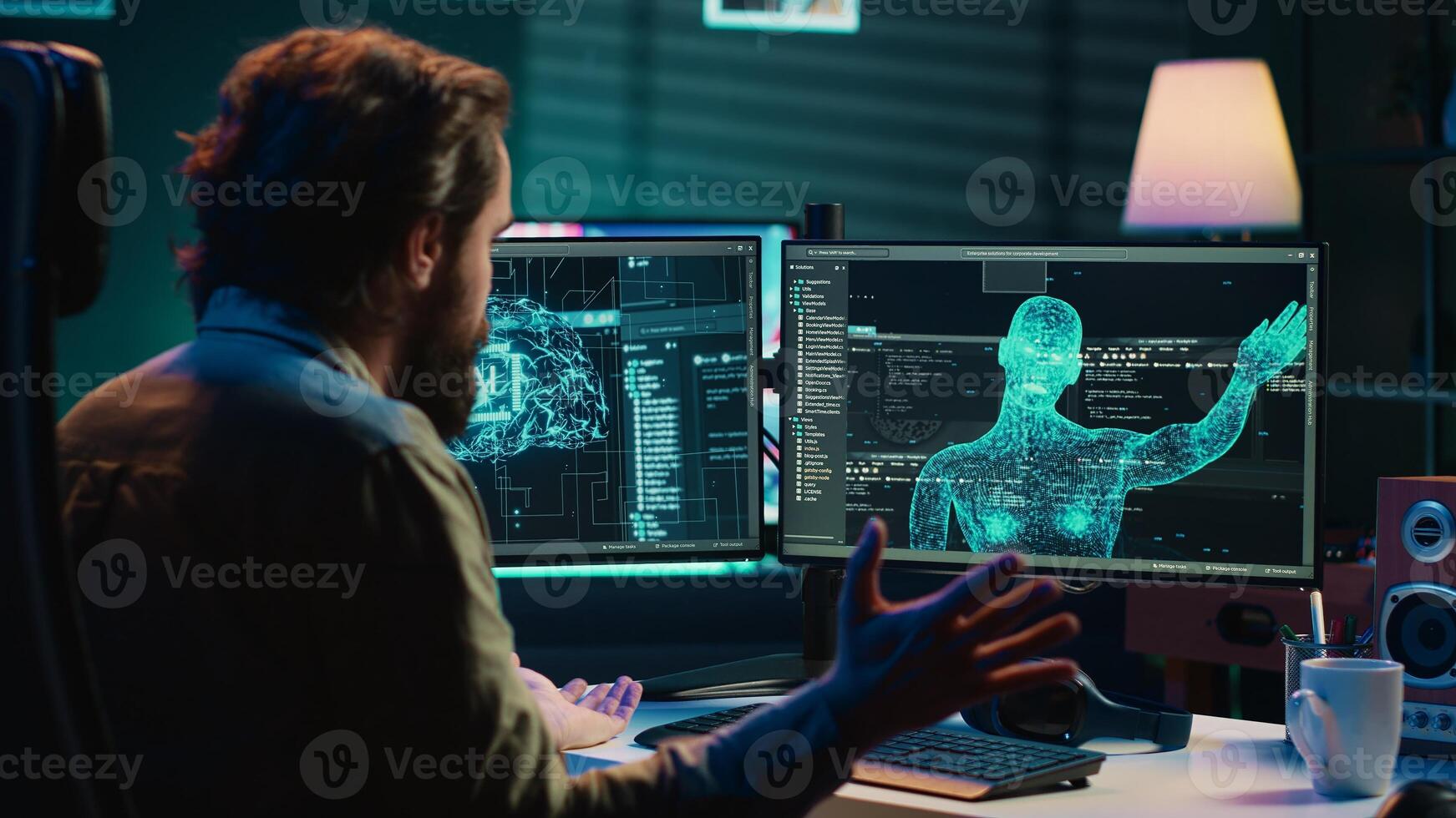 Self aware AI gaining humanoid form inside cyberspace, waving hand ...