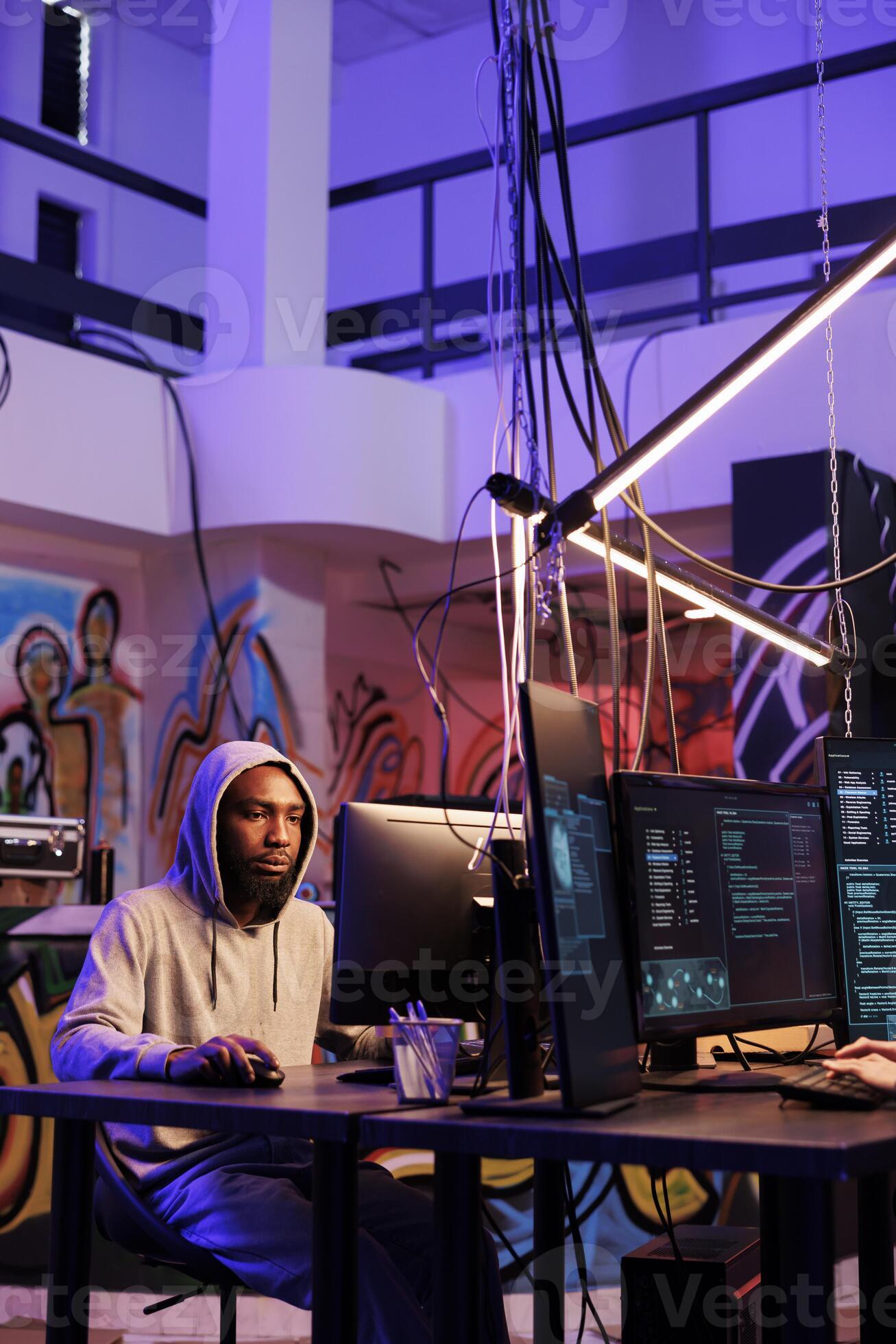 African American Criminal Hacking Into Server And Cracking Password On Computer Hacker