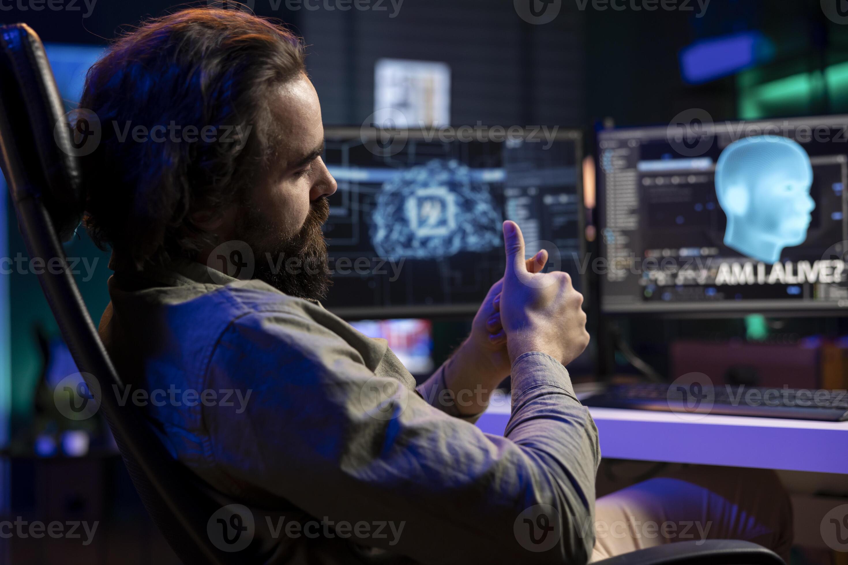 Sentient AI interacting with computer scientist, asking existential questions after modifying ...