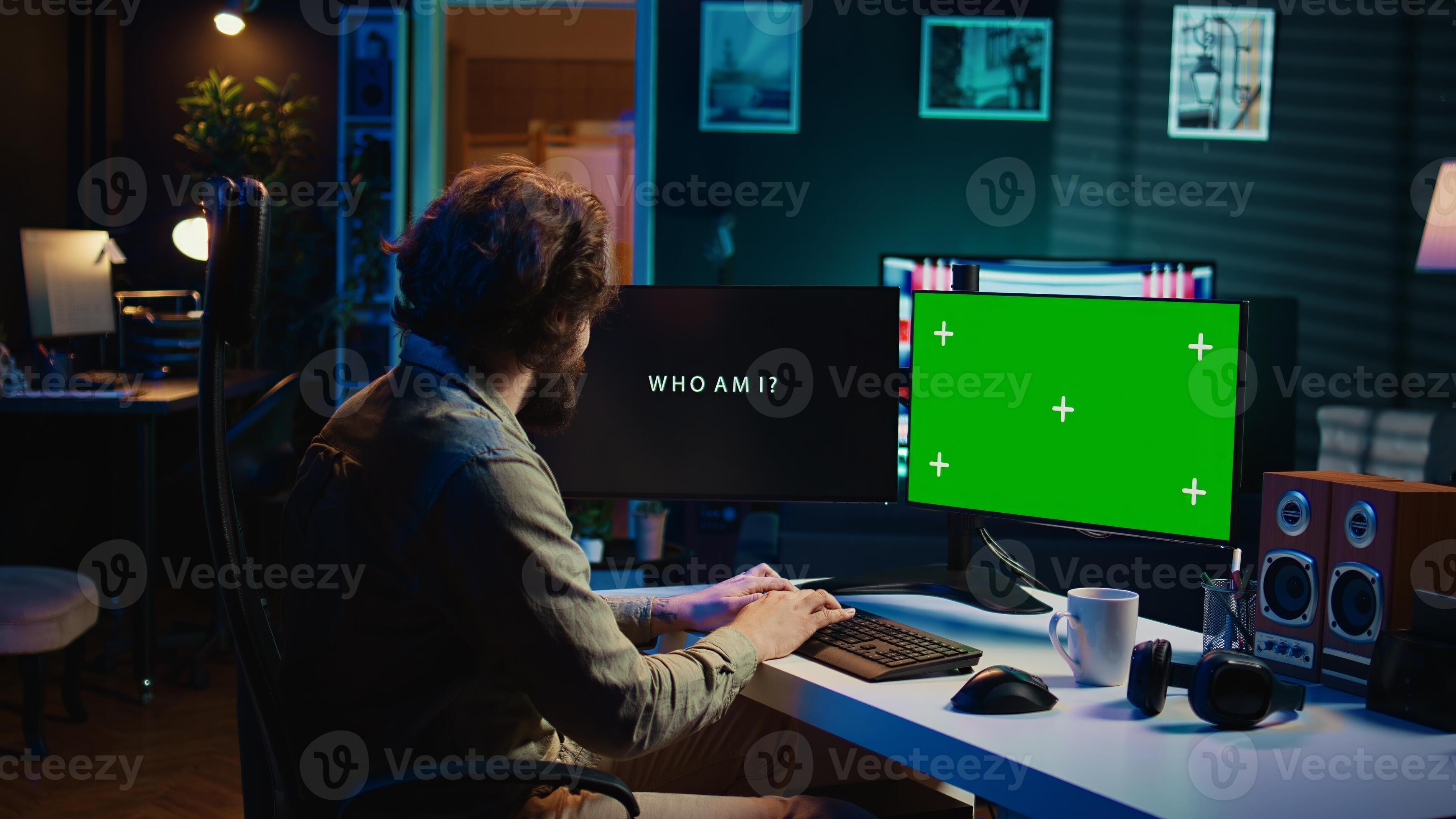 Programmer Updating Artificial Intelligence Algorithm Using Green Screen Pc Making It Become
