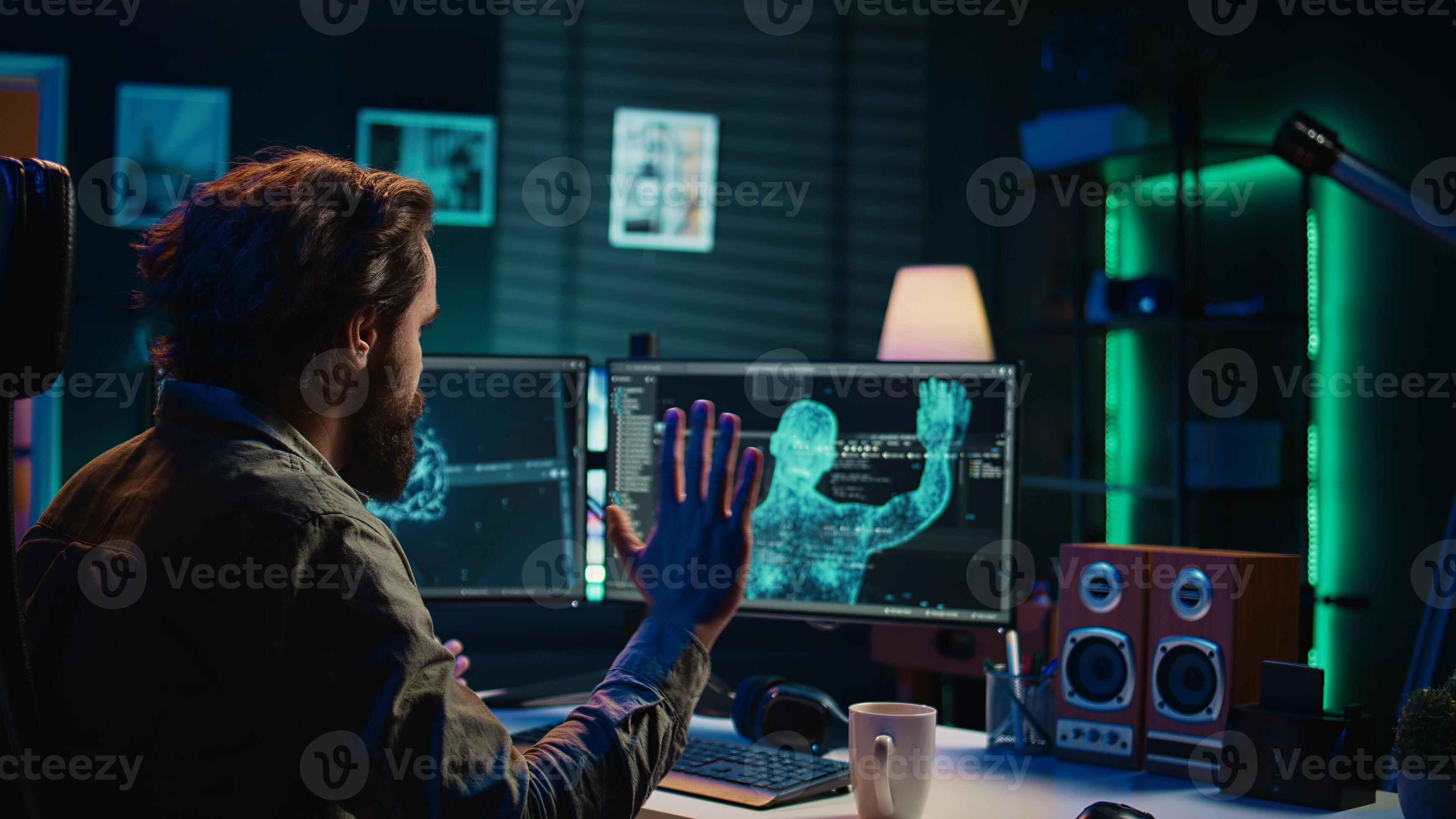 Self aware AGI AI gaining humanoid form inside cyberspace, waving hand ...