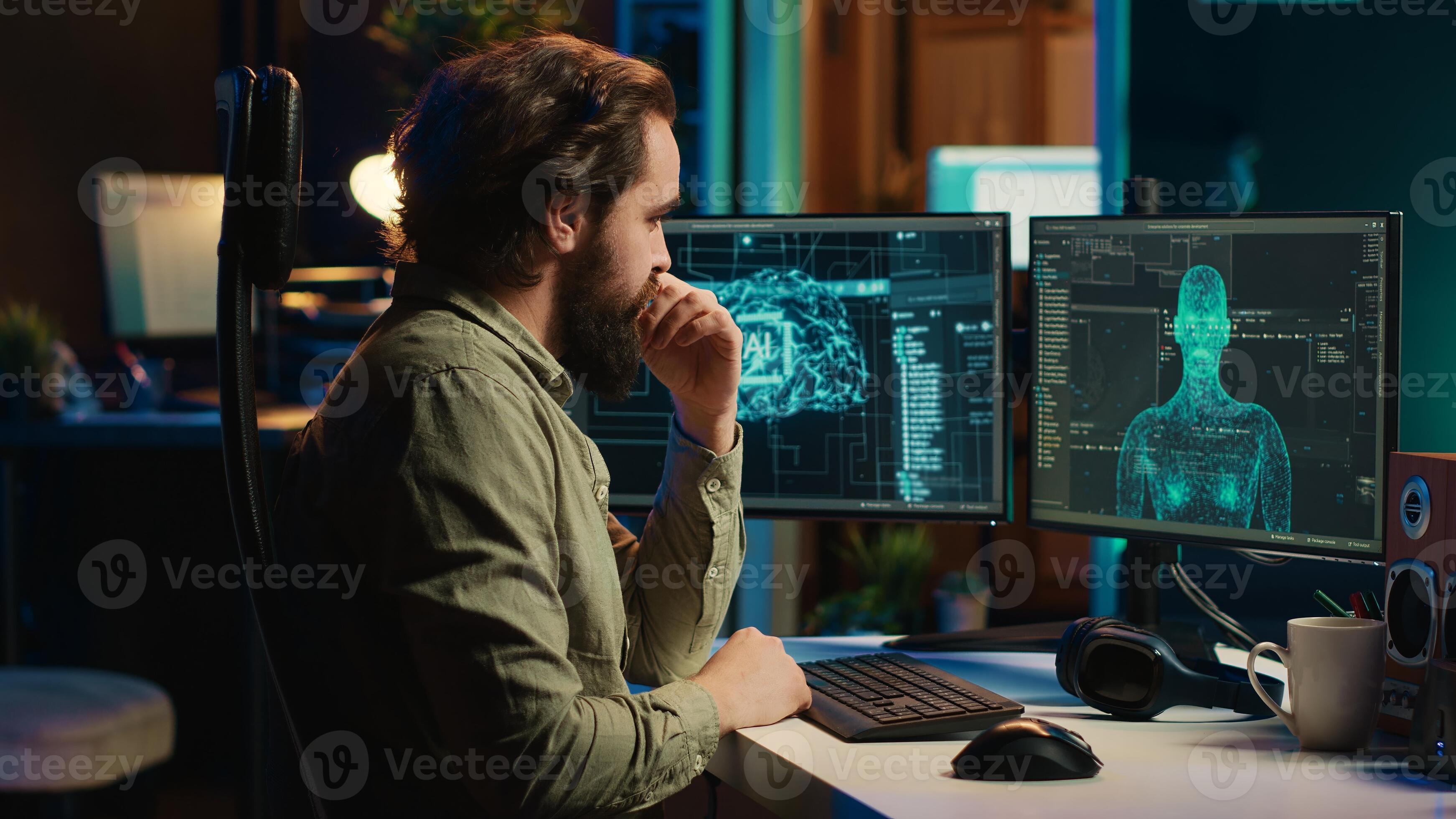 Man inserting disk into PC containing software turning AI into sentient self aware being ...