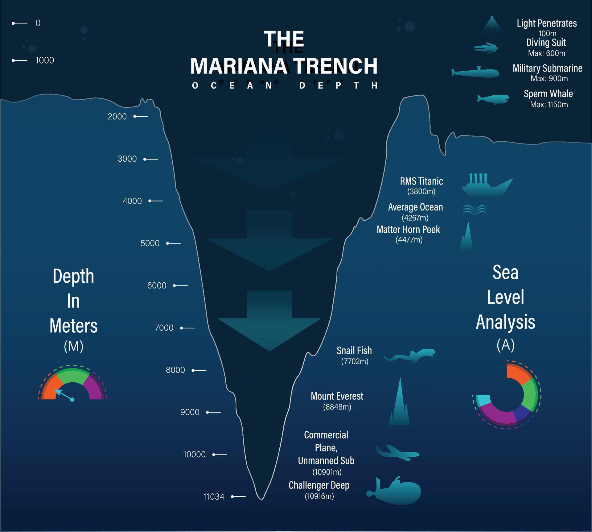 Mariana trench sea illustration, infographics or analysis, depth of ...