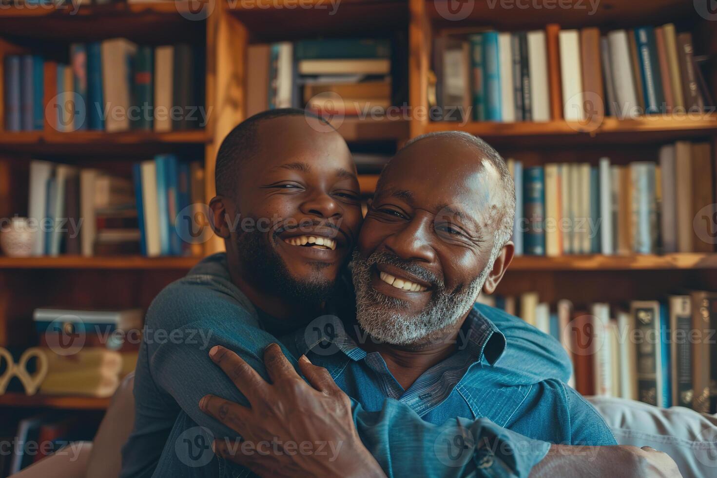 sonriente africano americano hijo abrazando mayor padre con barba. dos ... sonriente africano americano hijo abrazando mayor padre con barba. dos ...