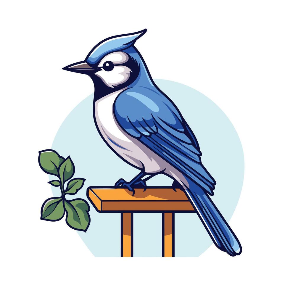 Blue Tit Bird Sitting On A Wooden Fence Illustration In Cartoon Style