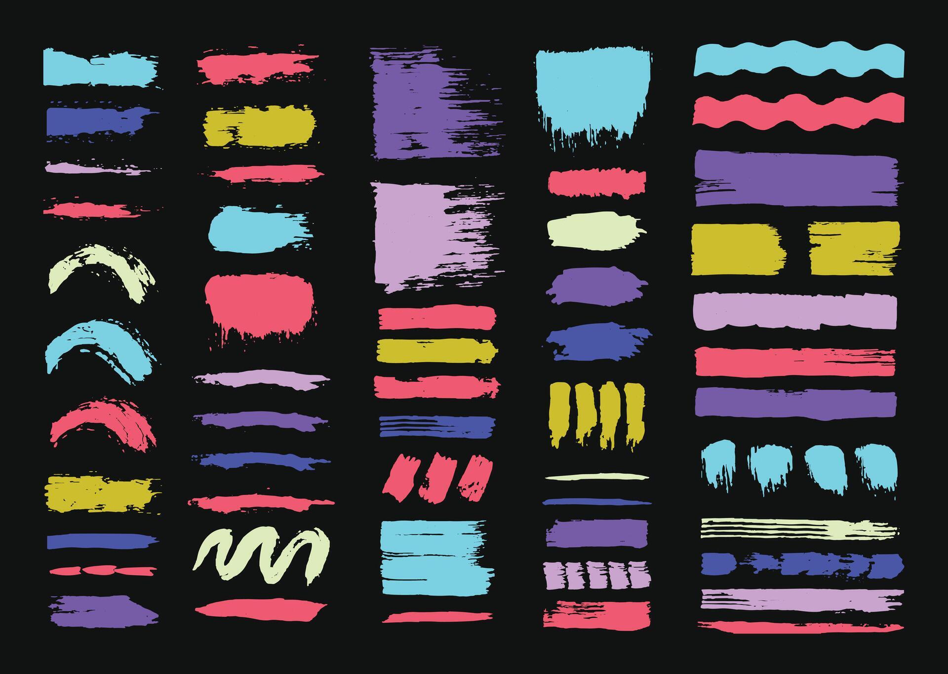 Colorful paint brush strokes icon set. Rough ink brushes element bundle ...