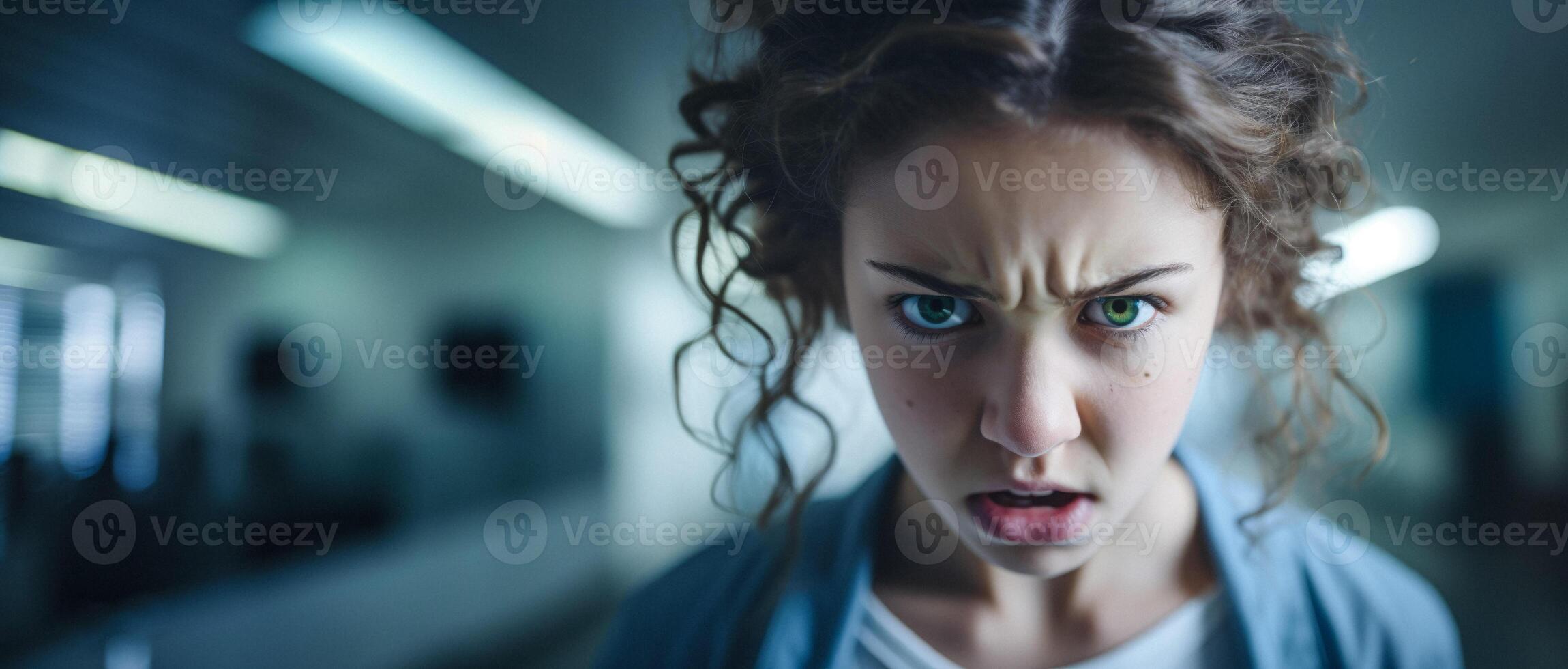 AI generated angry girl in a school corridor portrait close-up ...