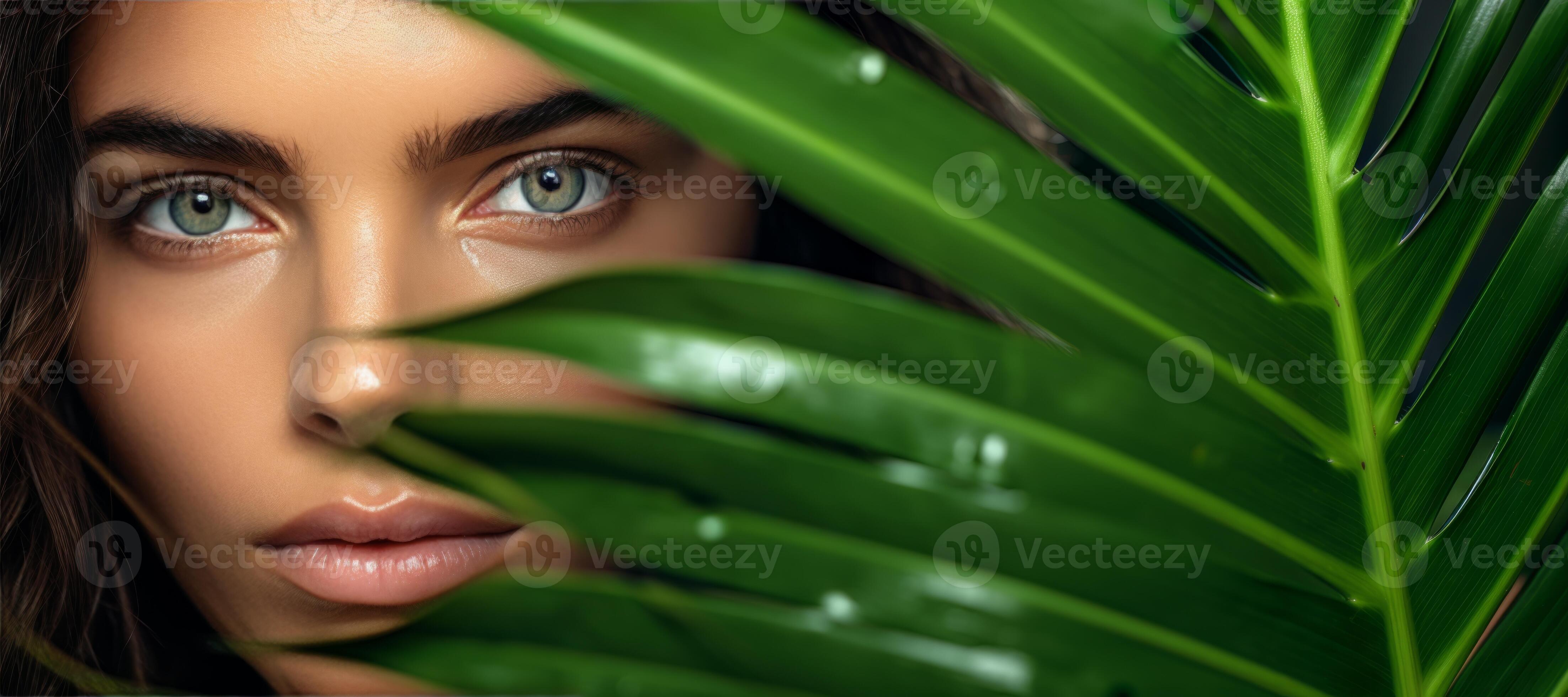 Ai Generated Close Up Portrait Of A Girl In Green Leaves Generative Ai