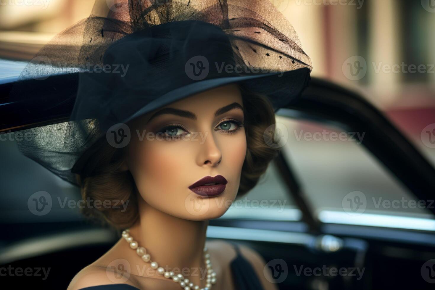 Ai Generated Fashionable Retro Portrait Of A Young Girl With A Hat Generative Ai 44529667 Stock