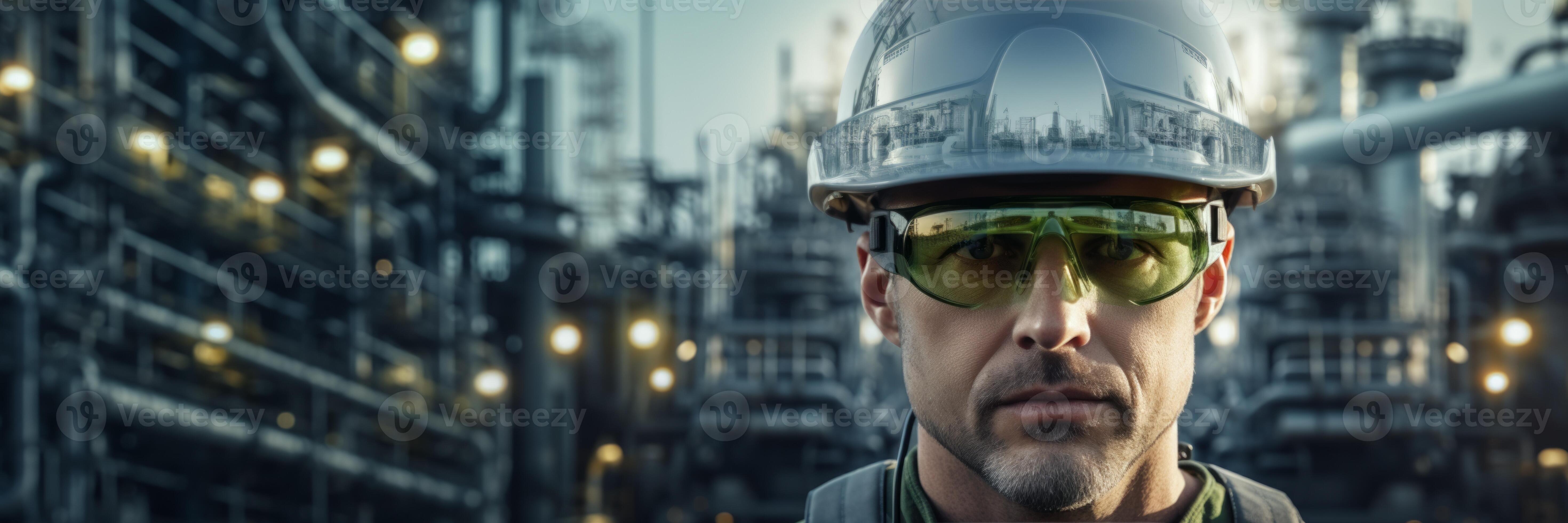 AI generated engineer against the background of the factory double ...