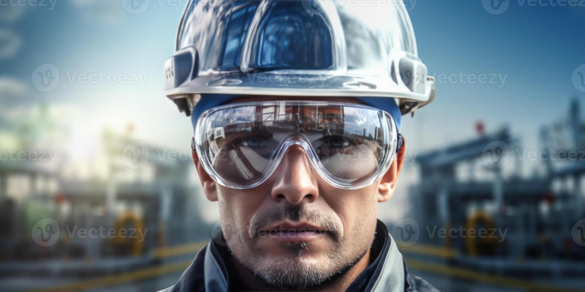 AI generated engineer against the background of the factory double ...