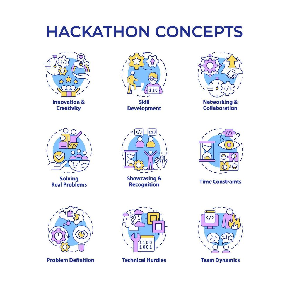 Hackathon Multi Color Concept Icons Tech Event For Program Developers