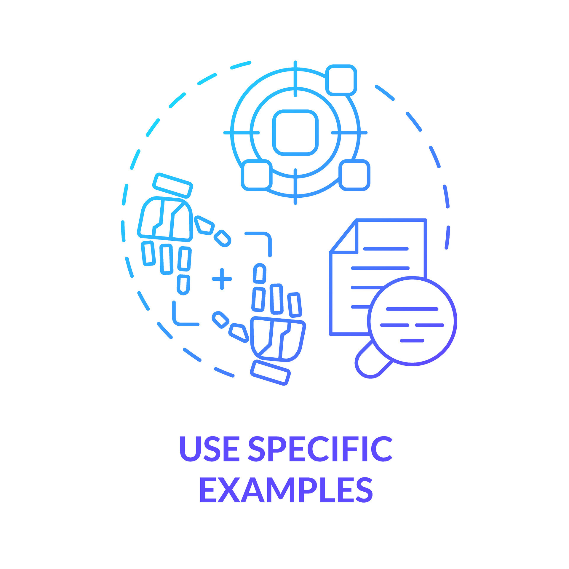 Using specific examples blue gradient concept icon. Prompt engineering tips. Provide with ...