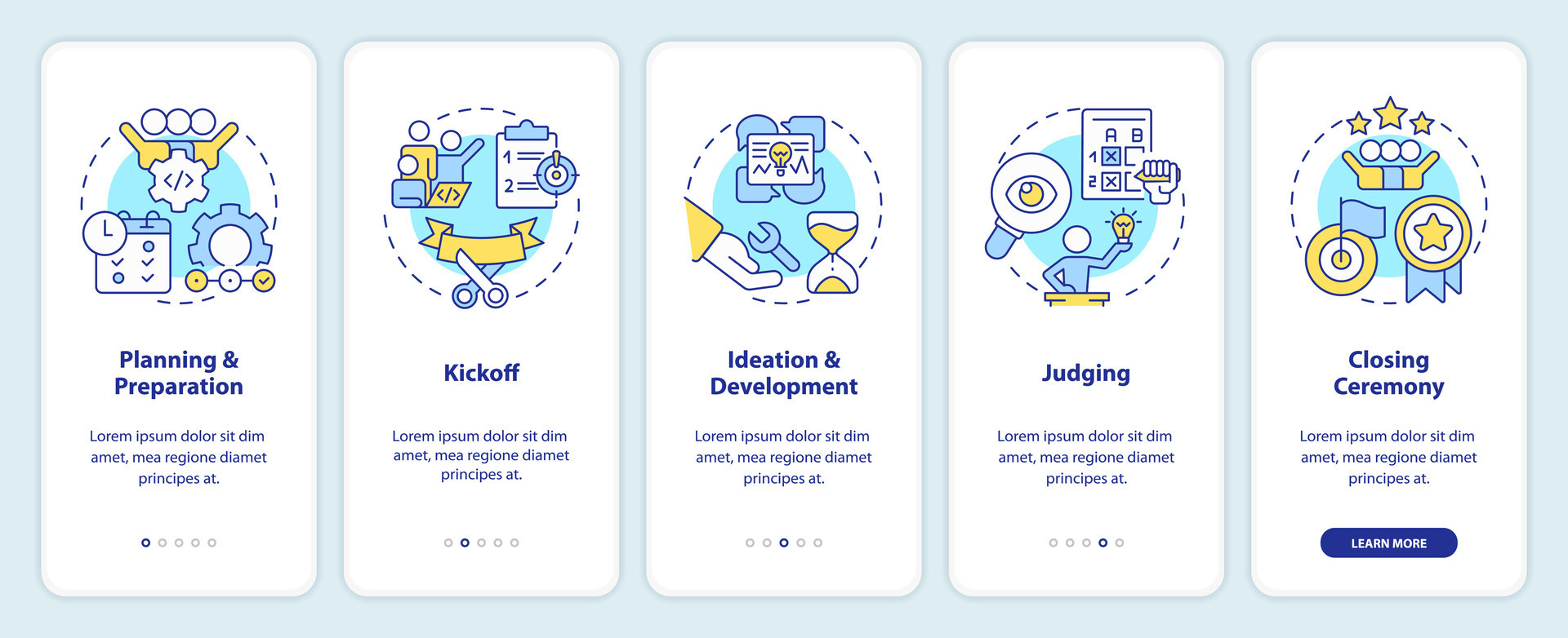 Hackathon Process Structure Onboarding Mobile App Screen Walkthrough 5 Steps Editable Graphic