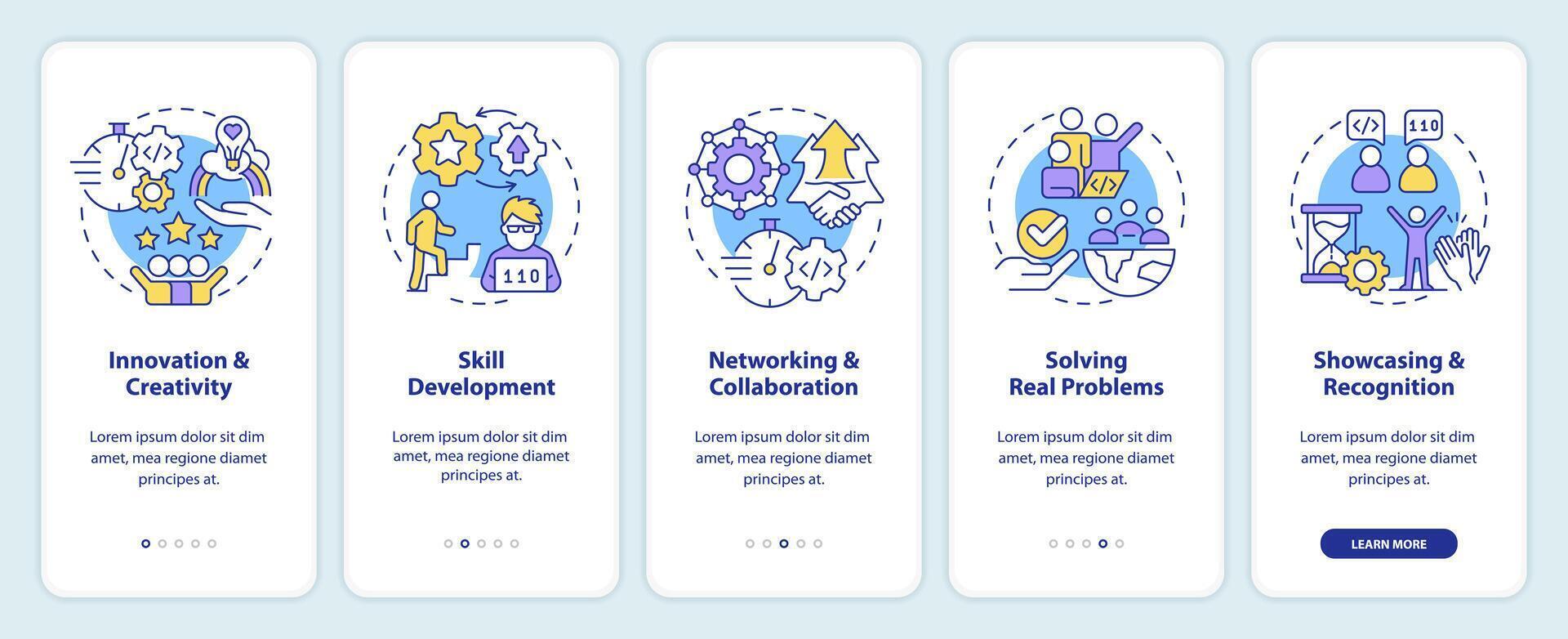 Hackathon Benefits Onboarding Mobile App Screen Advantages Walkthrough 5 Steps Editable Graphic
