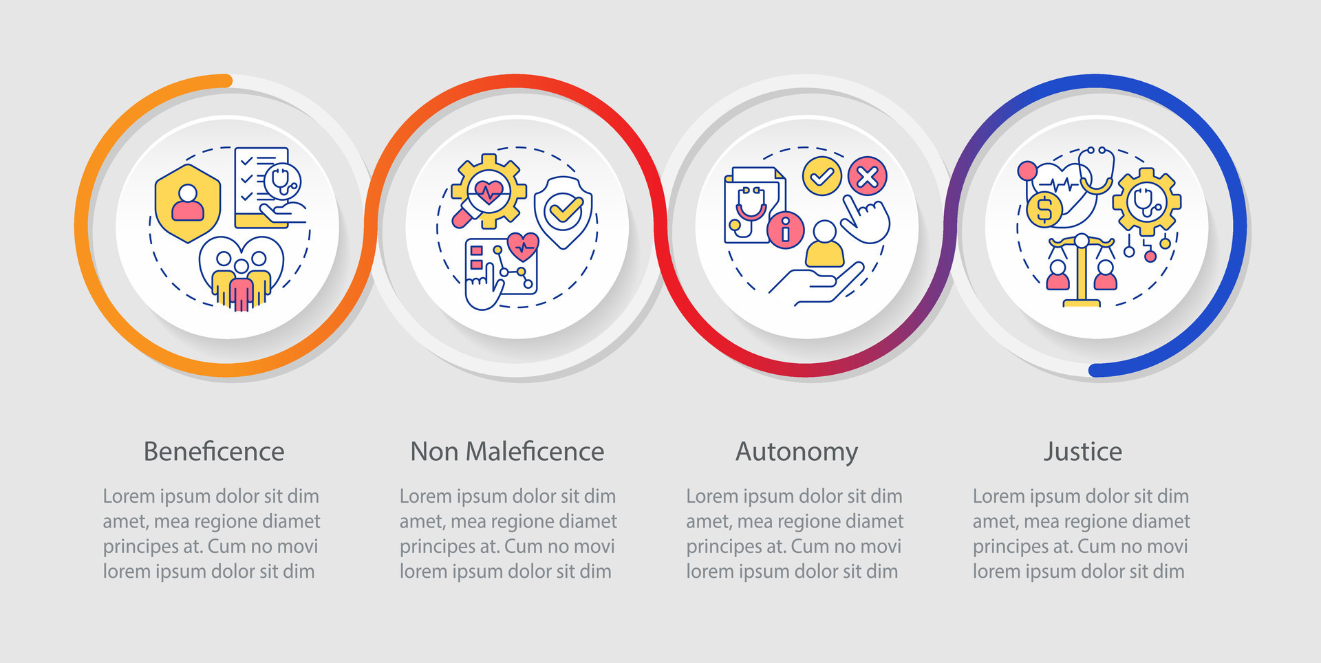 Principles of bioethics loop infographic template. Informed consent. Data visualization with 4 ...