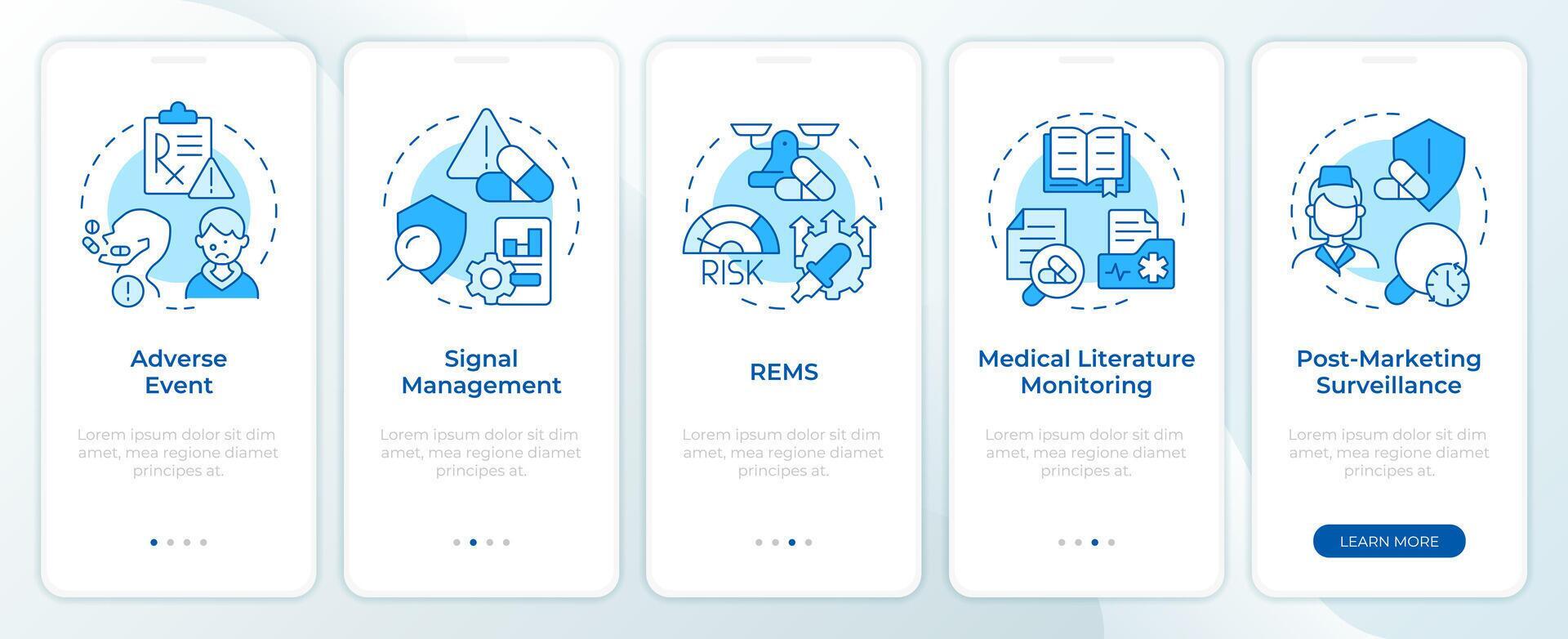 Pharmacovigilance blue onboarding mobile app screen. Walkthrough 5 steps editable graphic ...