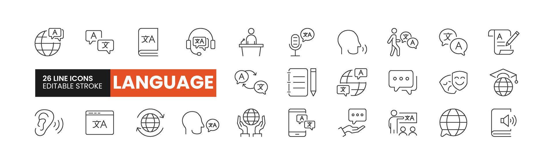Set Of 26 Language Line Icons Set Language Outline Icons With Editable Stroke Collection