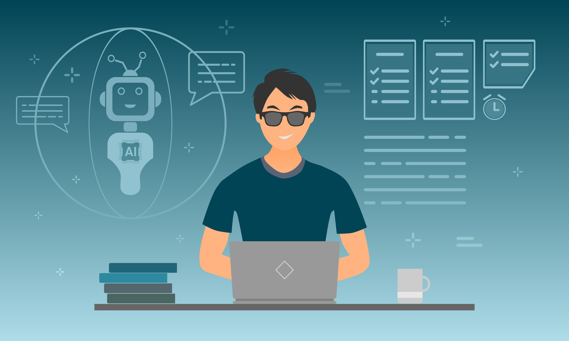 A man working on a laptop with virtual screen of artificial ...