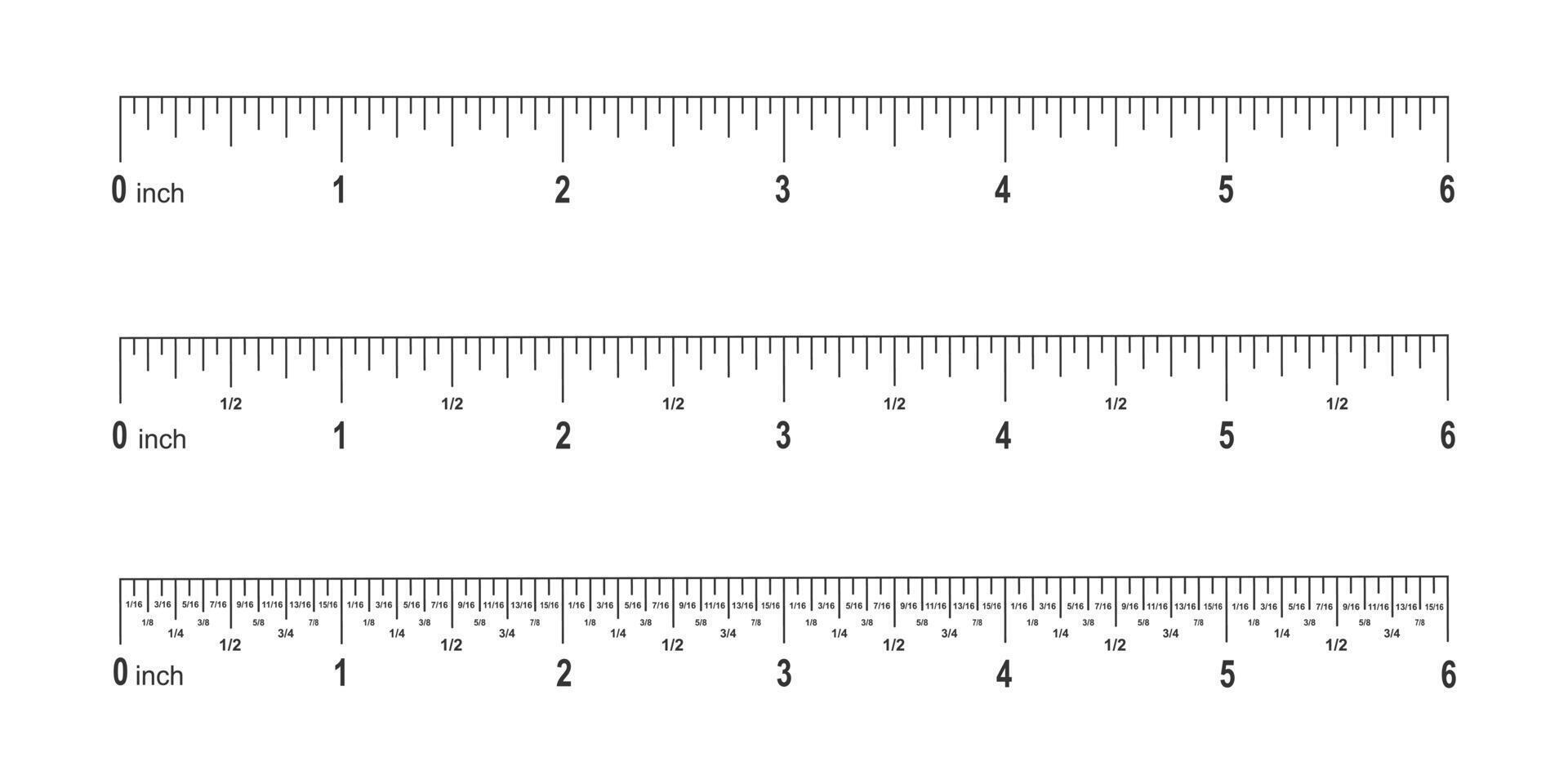 Set of 6 inches scale for ruler with markup, numbers and fractions. Math or geometric tools for ...