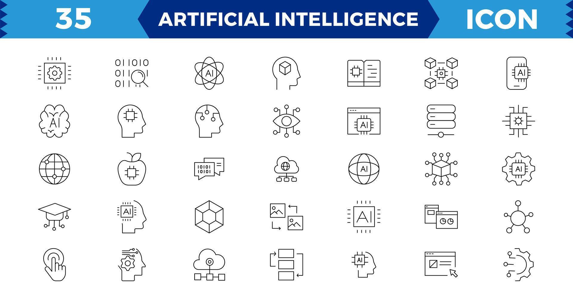 Artificial intelligence Pixel Perfect set of web icons in line style. AI technology icons for ...