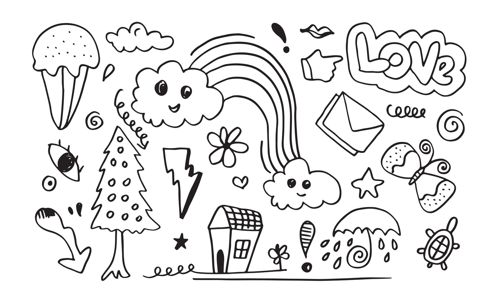 Hand Drawn Cute Doodle Set On White Background Doodle Design Elements