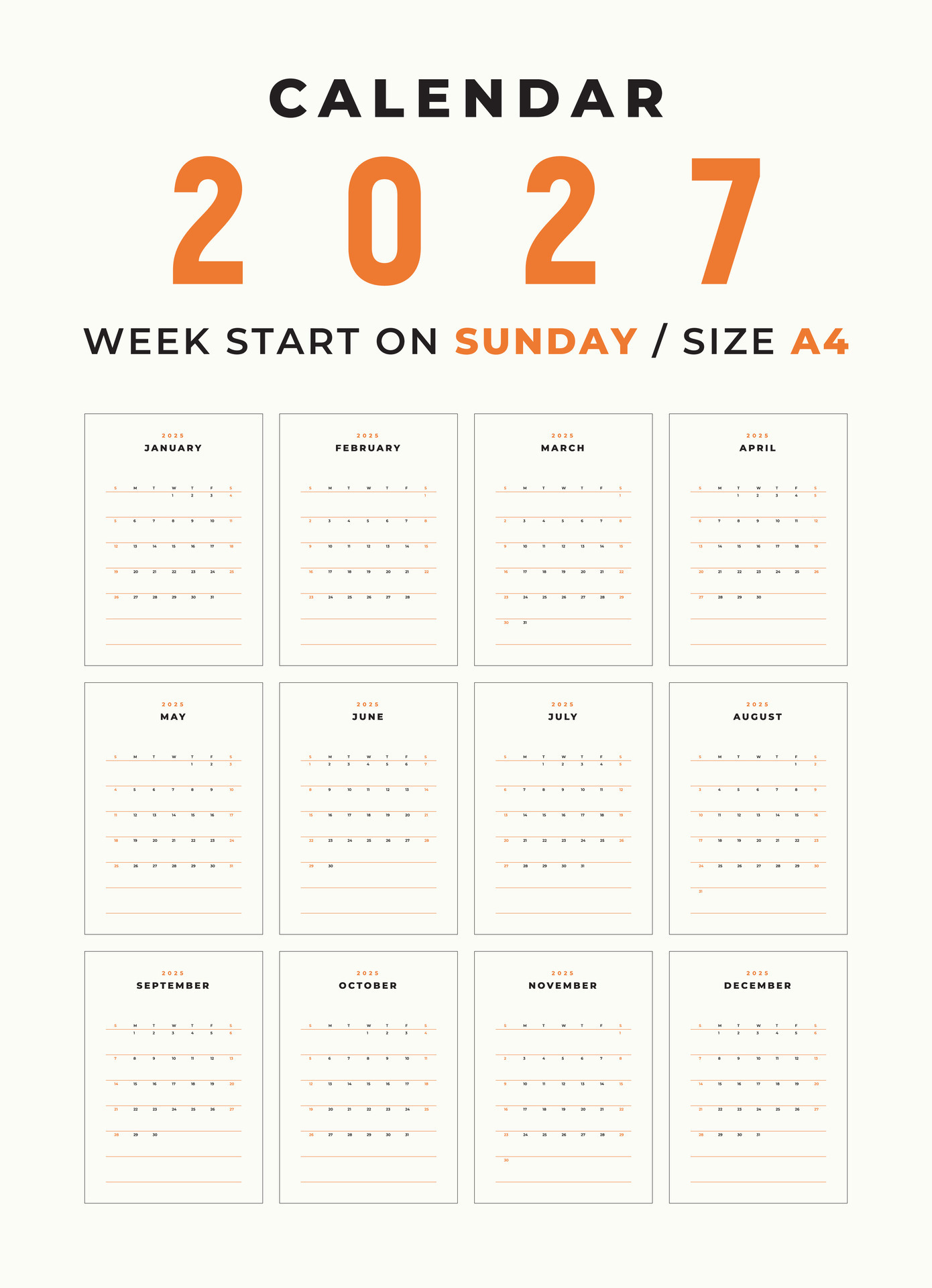 Calendar 2027 blank template clean and minimal design size A4, Week ...