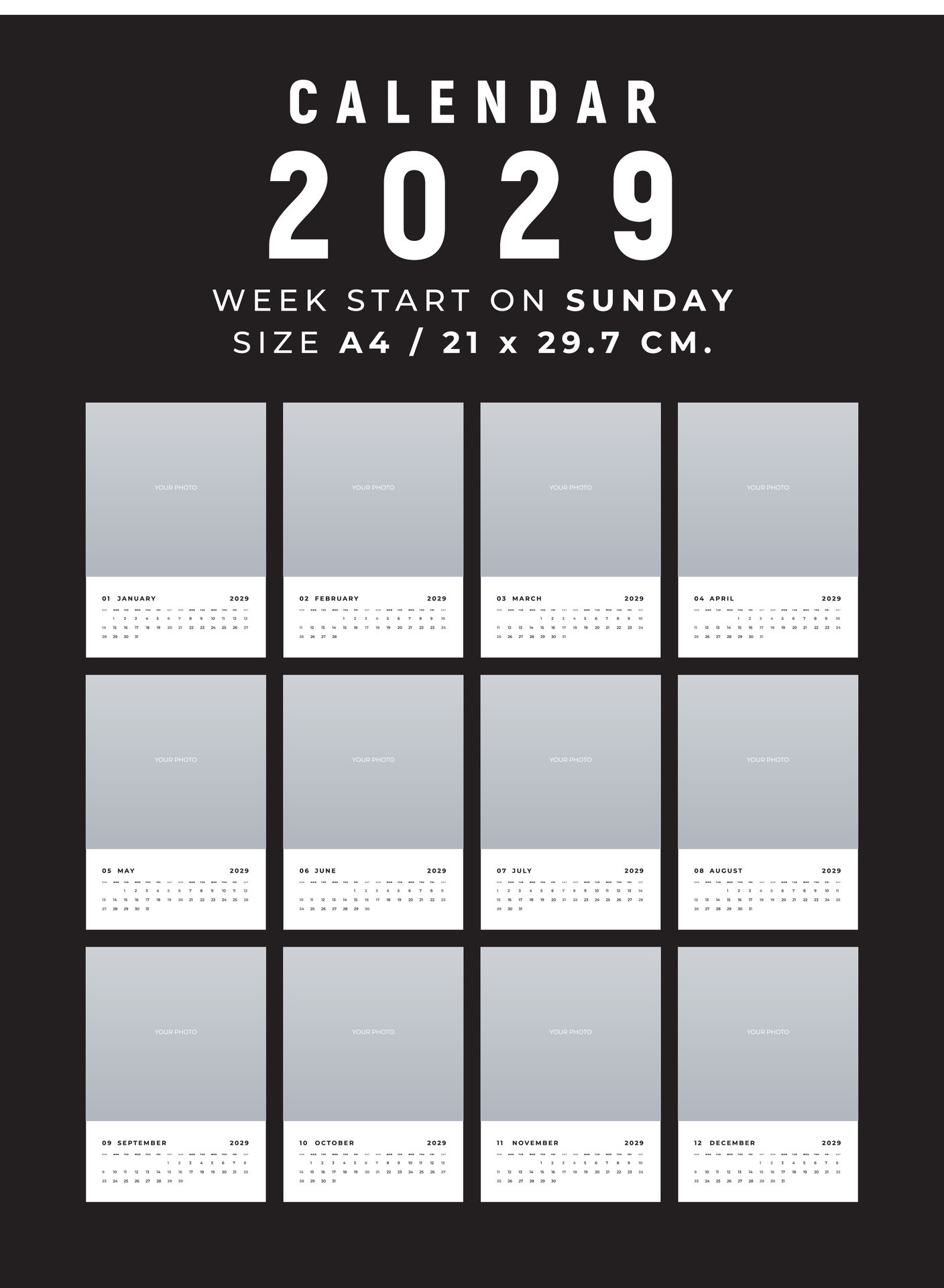 Calendar 2029 clean and minimal design size A4, Week start on sunday ...
