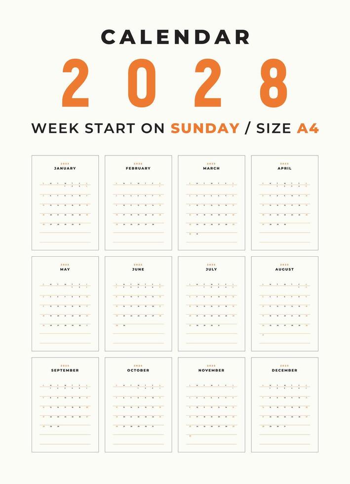 Calendar 2028 blank template clean and minimal design size A4, Week ...