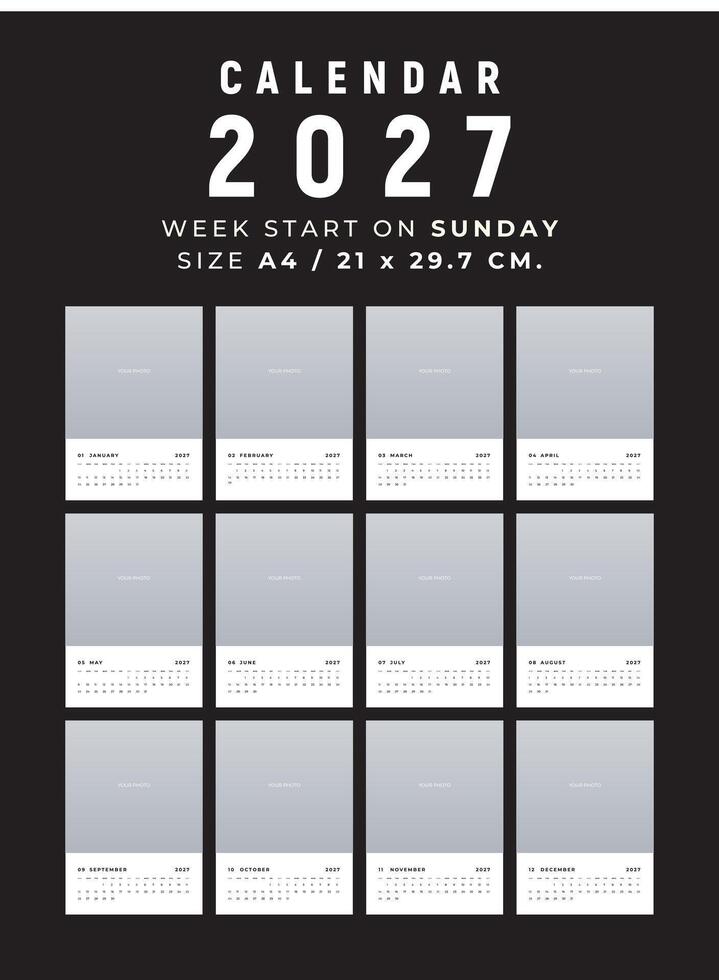 Calendar 2027 clean and minimal design size A4, Week start on sunday ...
