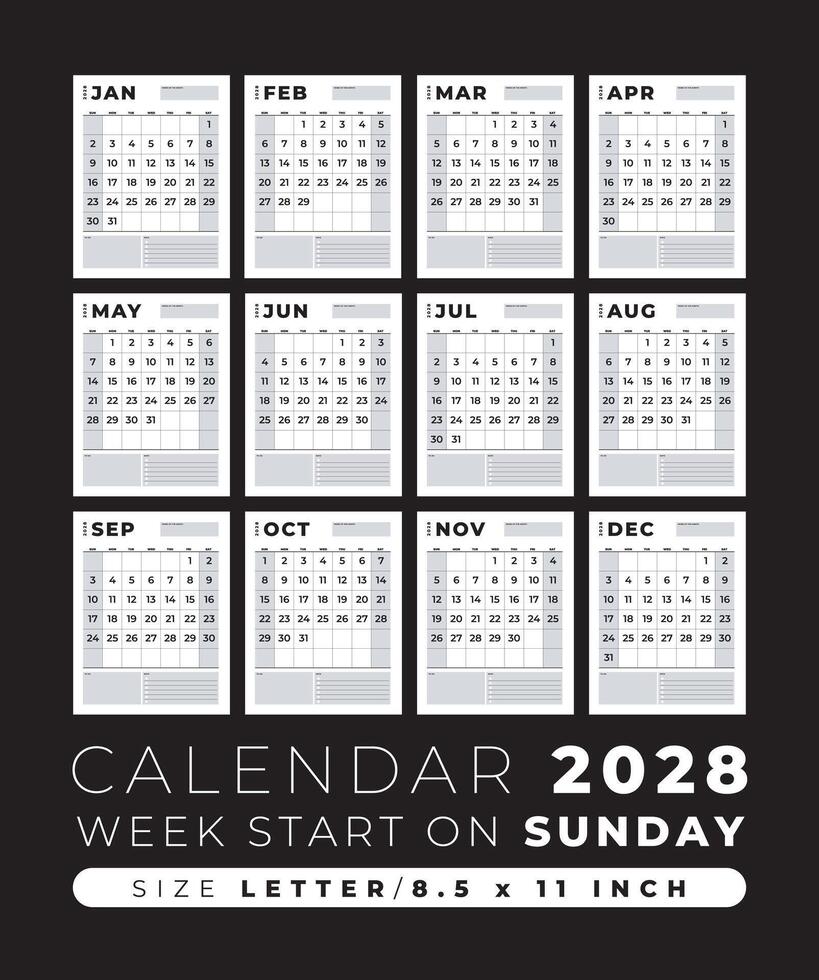Calendar 2028 blank template clean and minimal design size Letter, Week ...