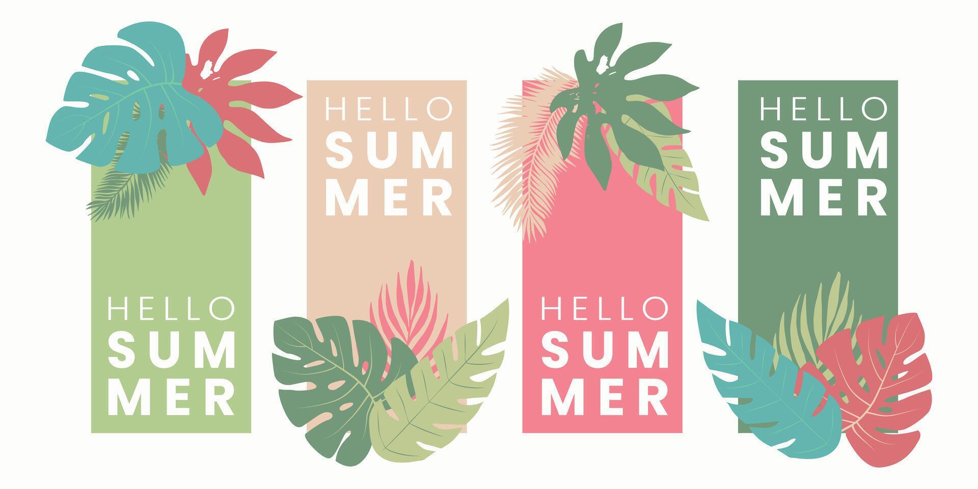 Set of tropical banners. Creative compositions from palm leaves with ...