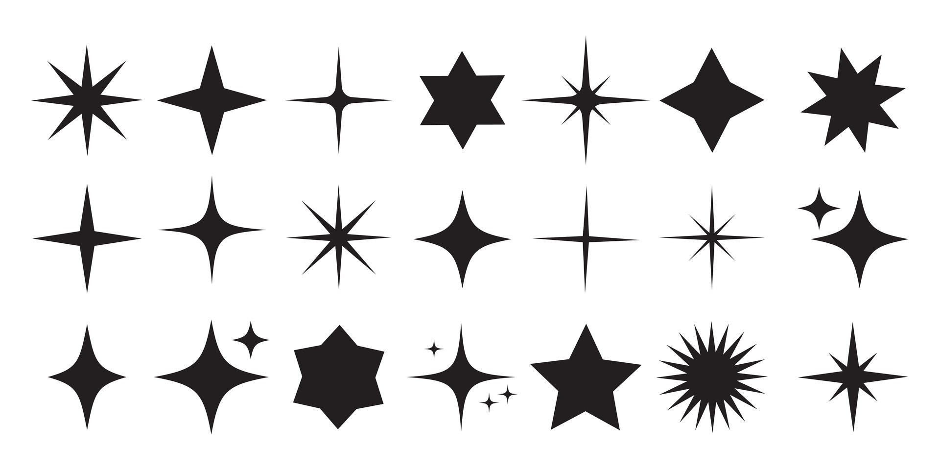 Star icon collection. Sparkle star icon set, Different star shapes. Black stars icon set ...