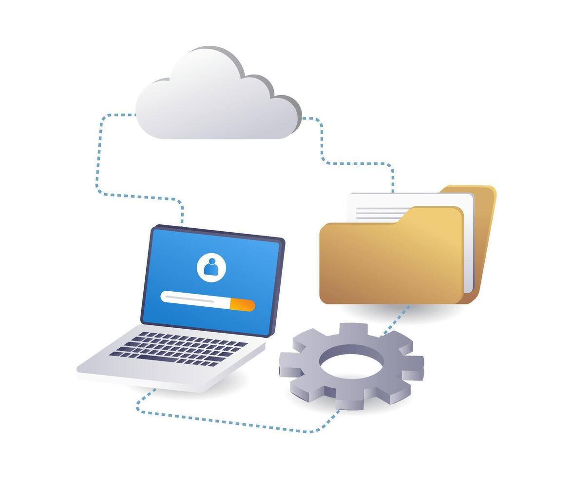 Cloud server data storage process folder technology infographic flat isometric 3d illustration ...