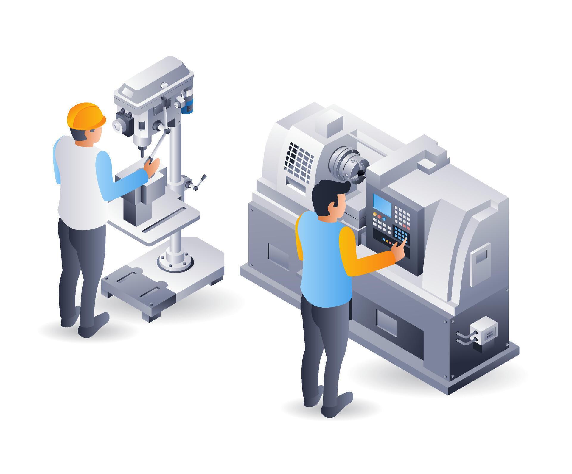 CNC lathe and drill machine operator, flat isometric 3d illustration infographic 44617099 Vector ...