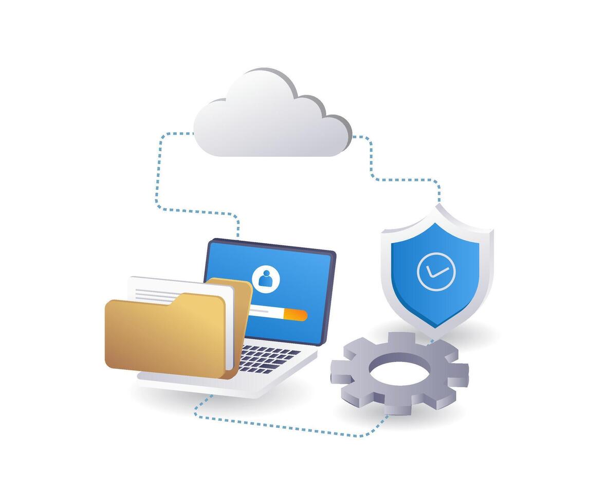 Technology cloud server computer data security, flat isometric 3d illustration infographic ...