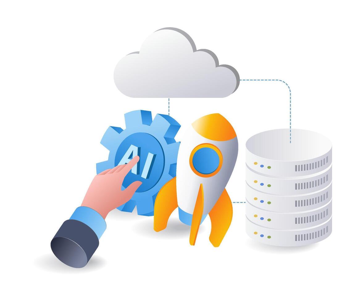 Launching artificial intelligence cloud server technology infographic flat isometric 3d ...