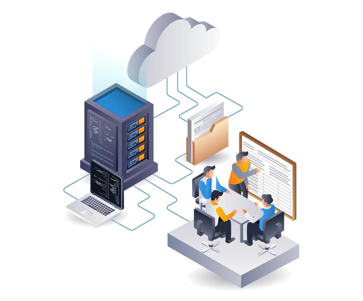 Data server web application system development team, flat isometric 3d ...