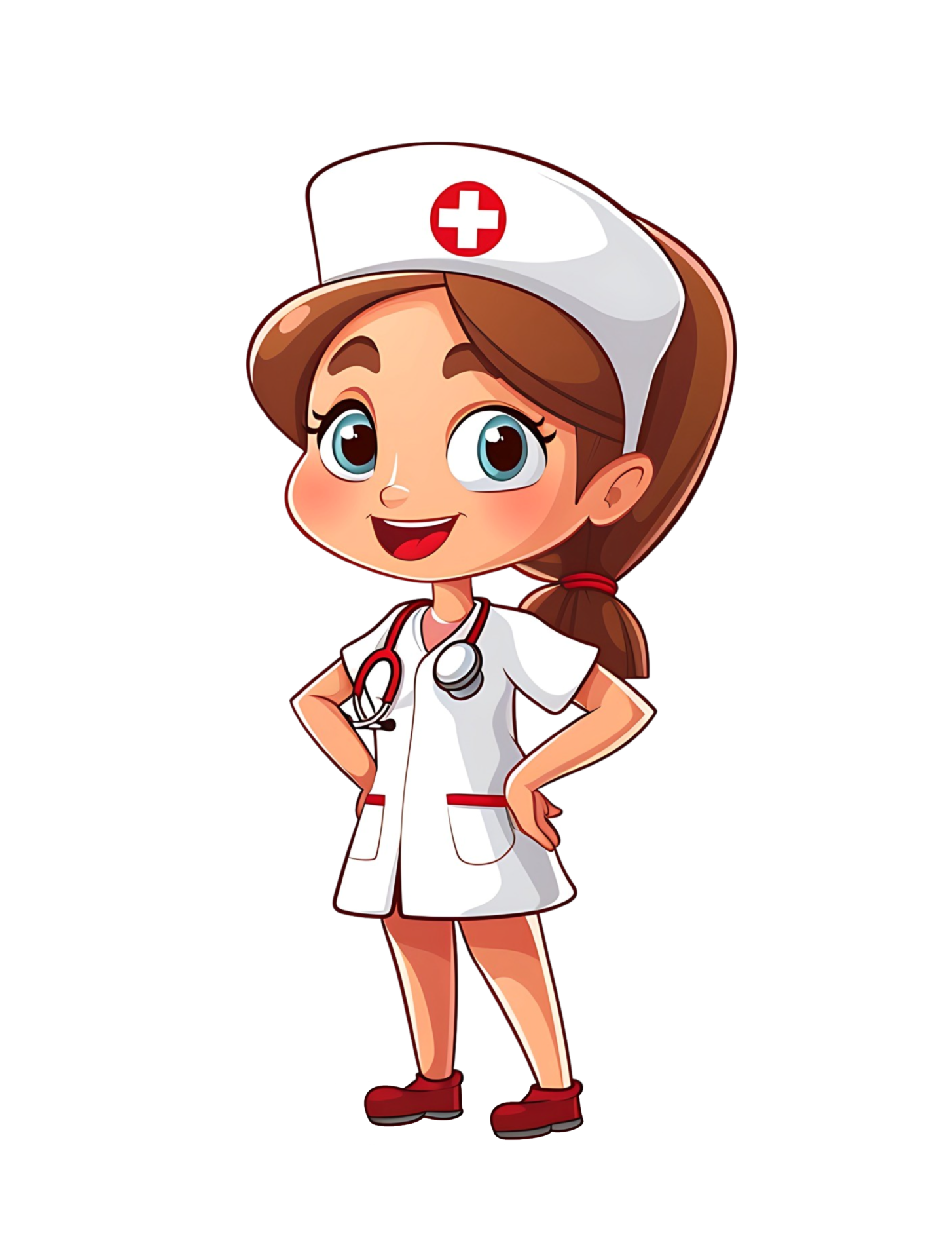 A Cartoon Nurse With A Caring Smile Wearing A Traditional White Uniform And Nurses Cap Ready