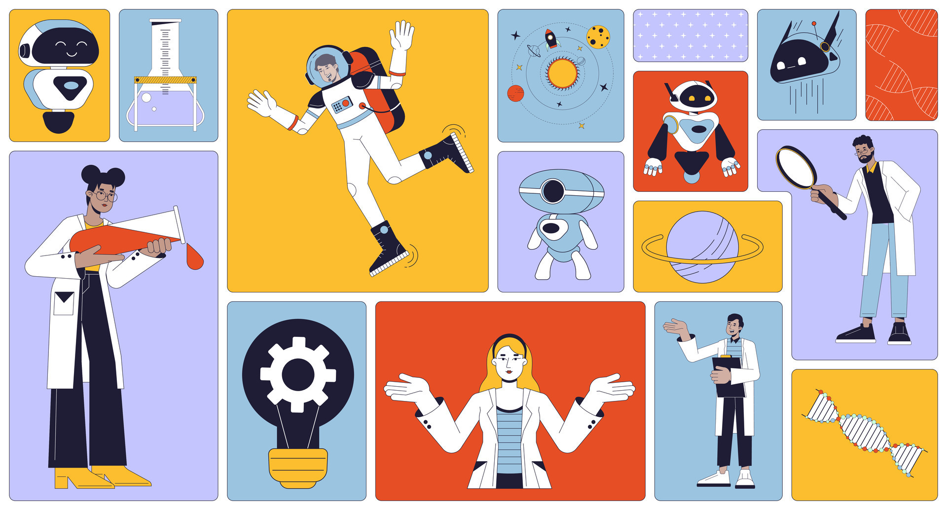 Robotics lab research bento grid illustration set. Researchers uniform ...