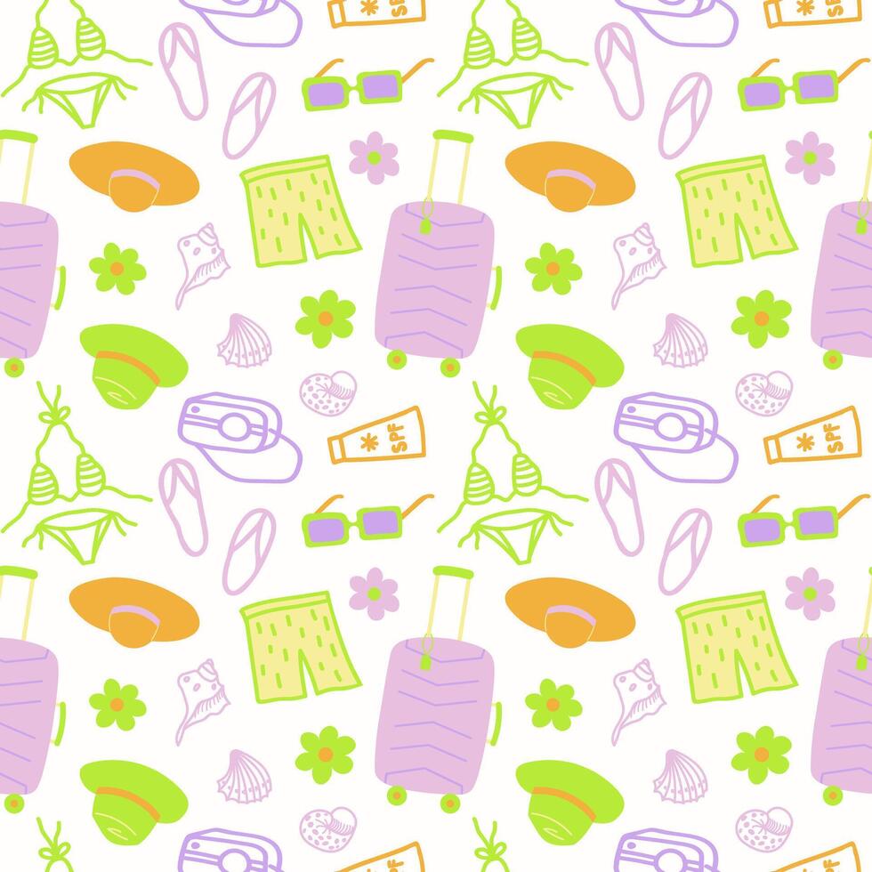 Travel Seamless Pattern With Accessories For Beach Repeating Background With Suitcase